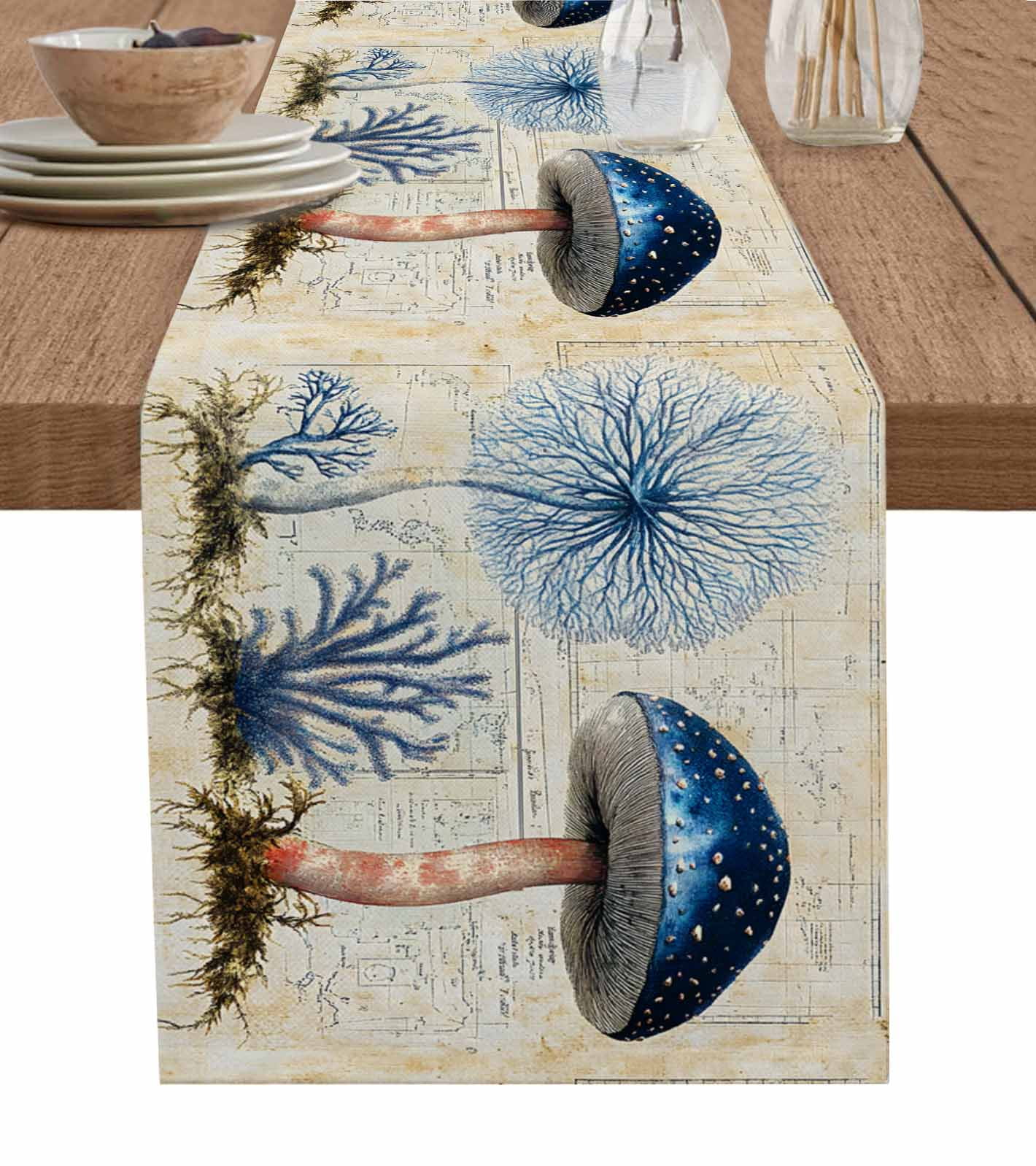 Blue Mushroom Table Runner 72 Inches, Spring Watercolor Botanical Tree ...