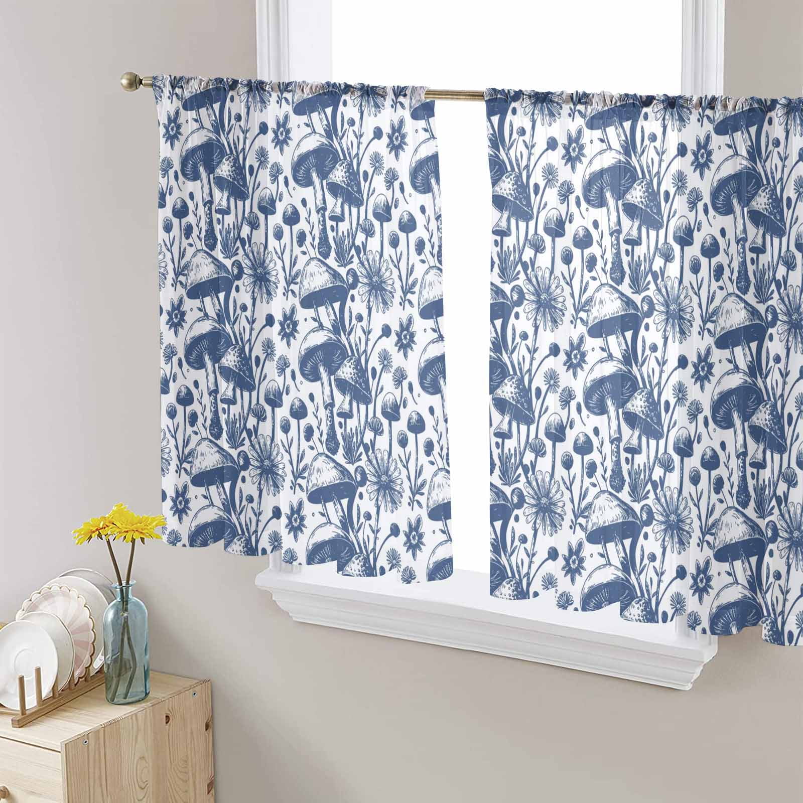 Blue Mushrooms Sheer Curtains 54 Inches Length 2 Panels Set, Window ...