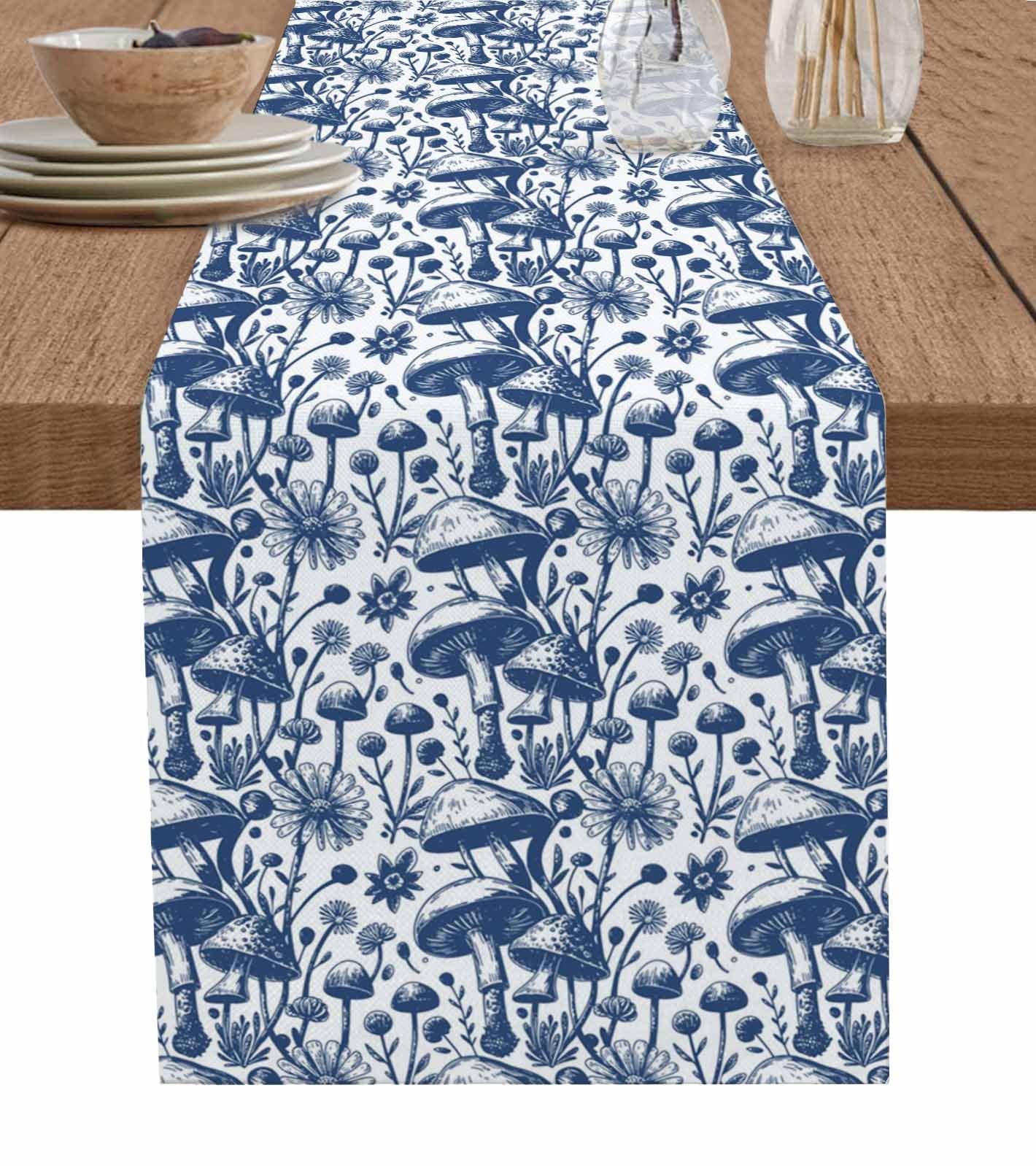 Blue Mushrooms Table Runner 90 Inches, Retro Thanksgiving Country ...