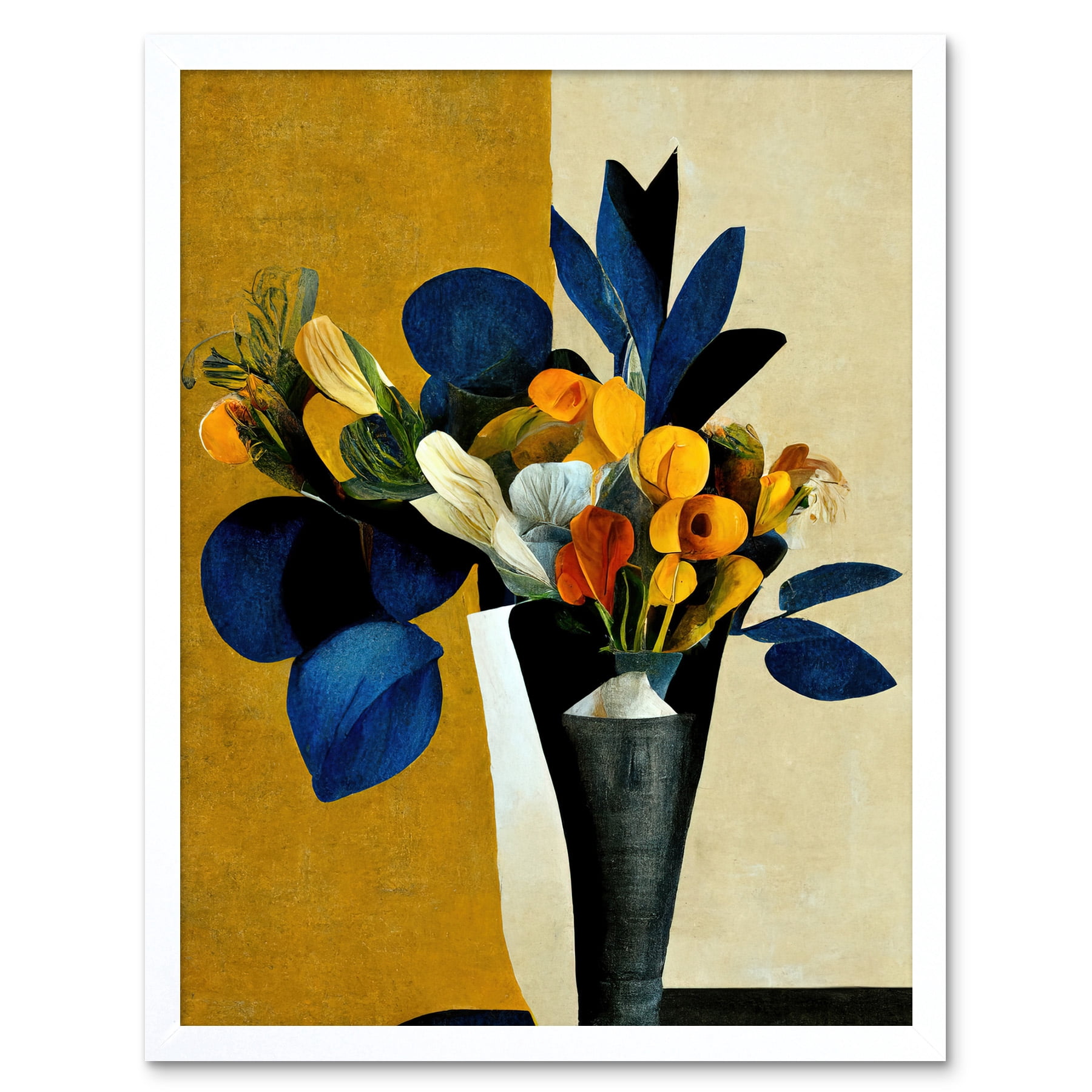 Blue Mustard Ochre Orange Autumnal Abstract Bouquet Flowers Painting ...