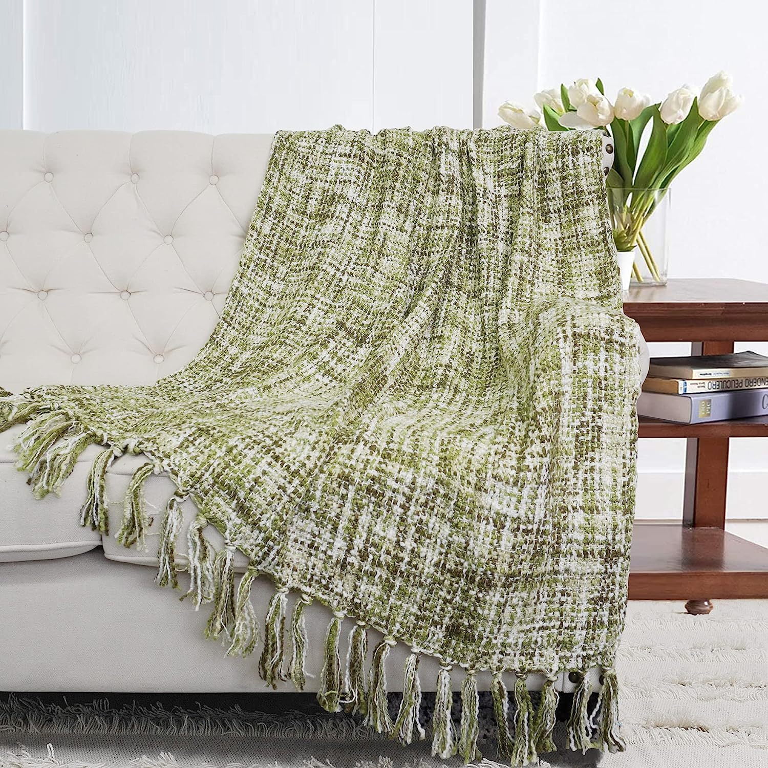 Blue Naga Knitted Throw with Fringe, Martini Olive, 60'' x 80'' Soft ...