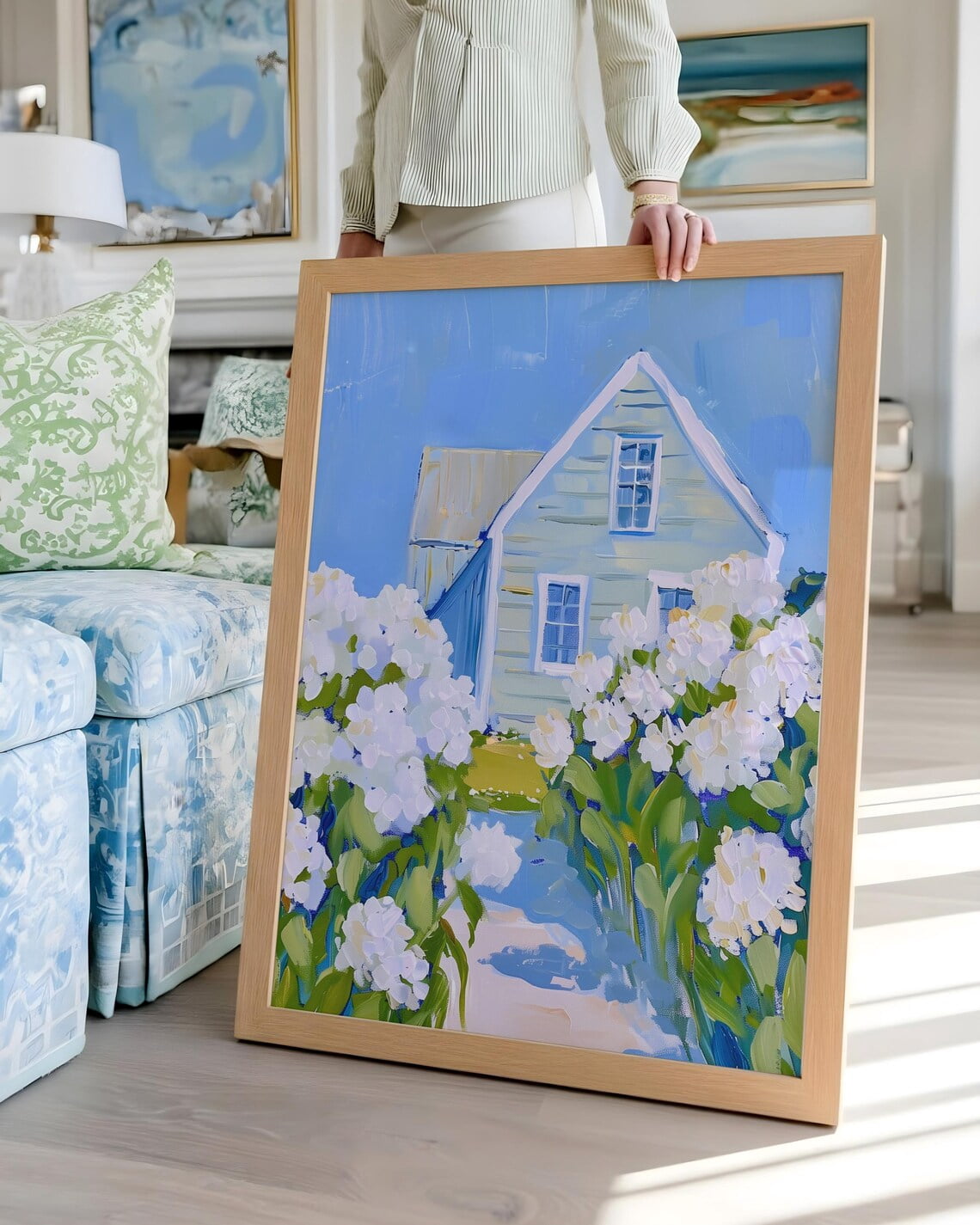 Blue Nantucket Cottage Hydrangea Garden Path Painting Grandmillennial ...