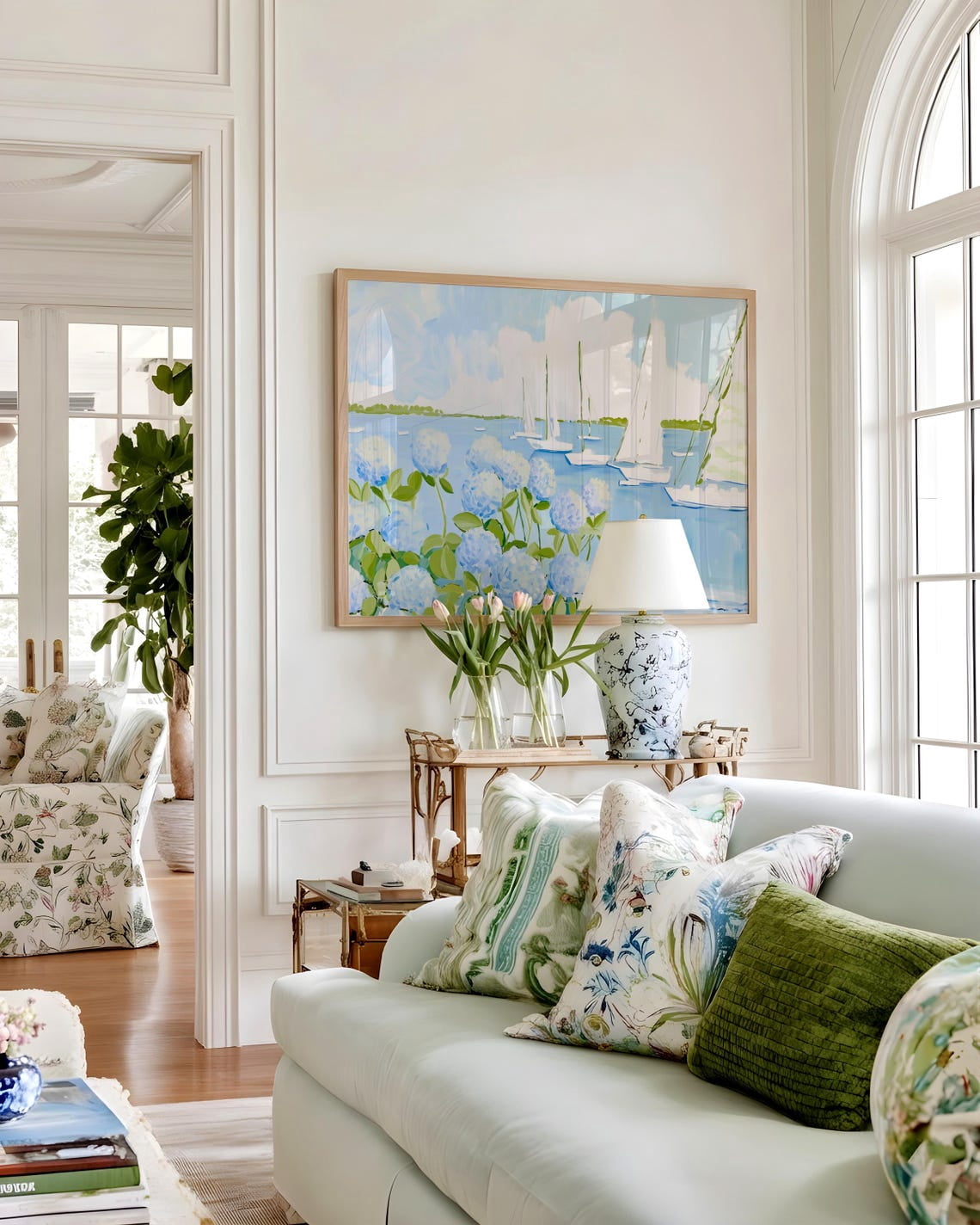Blue Nantucket Harbor Wall Art, Coastal Sailboat Painting, Hydrangea ...
