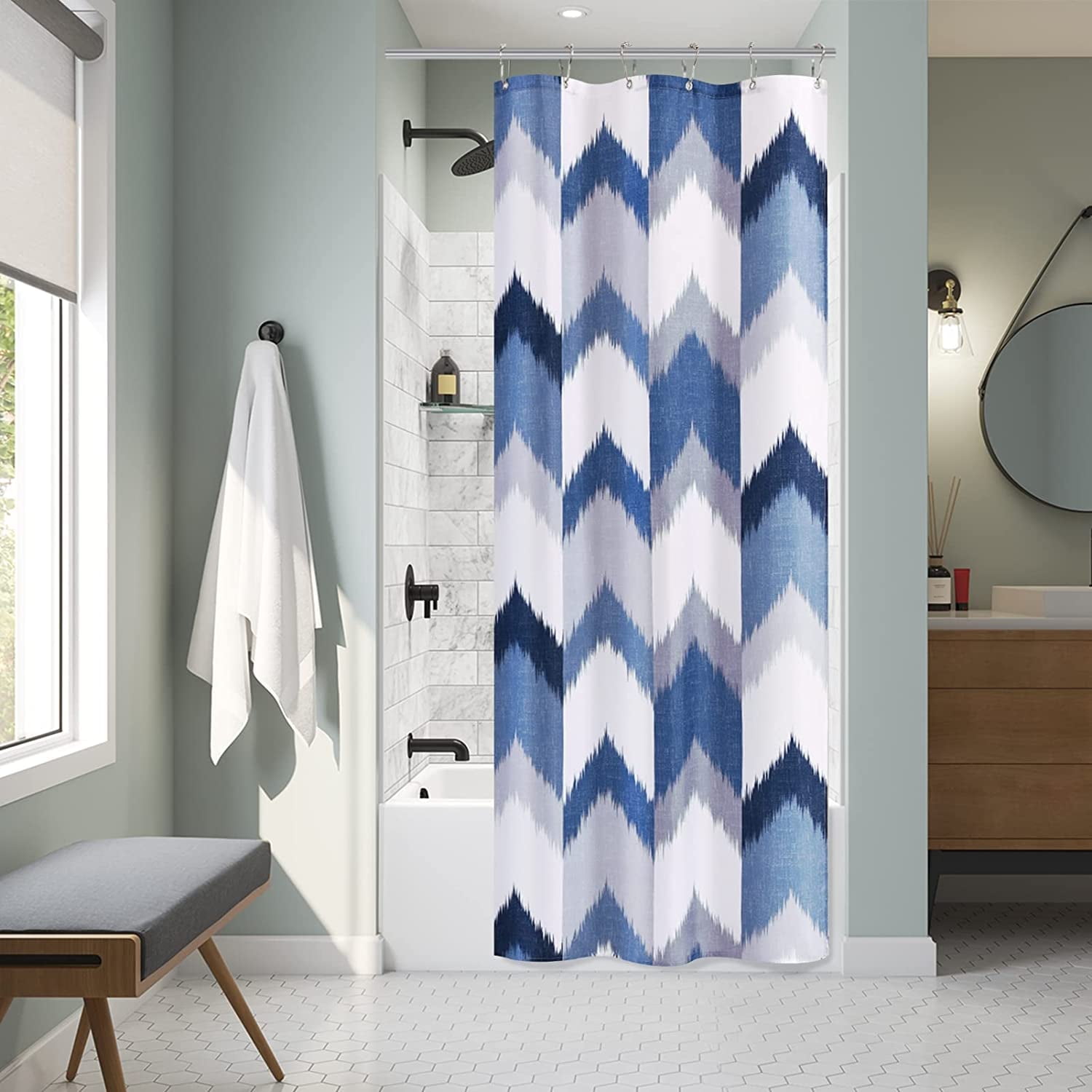 Premium Chevron Patterned Blue Shower Curtain with Hooks, 36x72 Inch ...