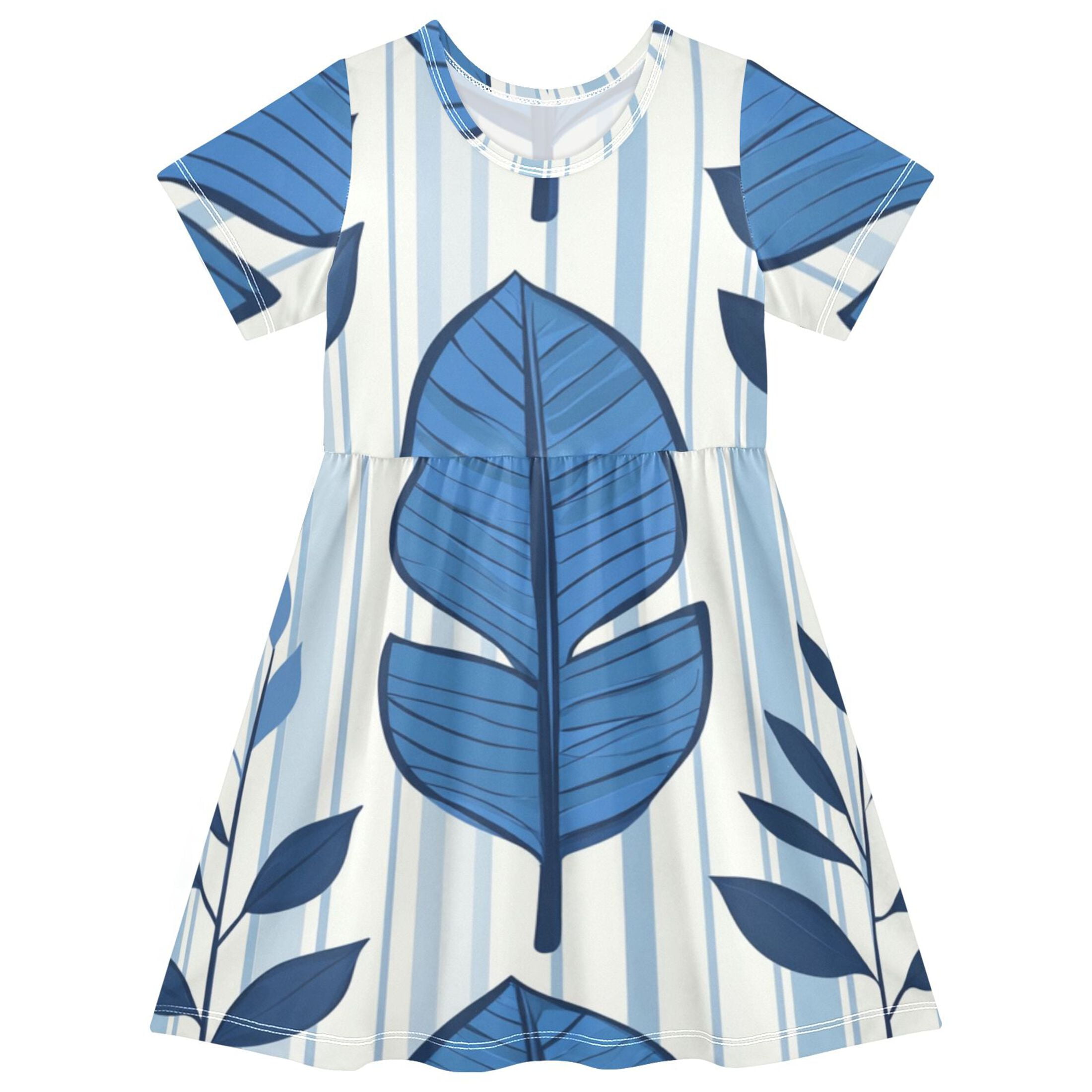 Blue Narrow Stripes Tropical Leaves Girls' Short Sleeve Dress A-Line One-Piece Dress UPF 50 ...