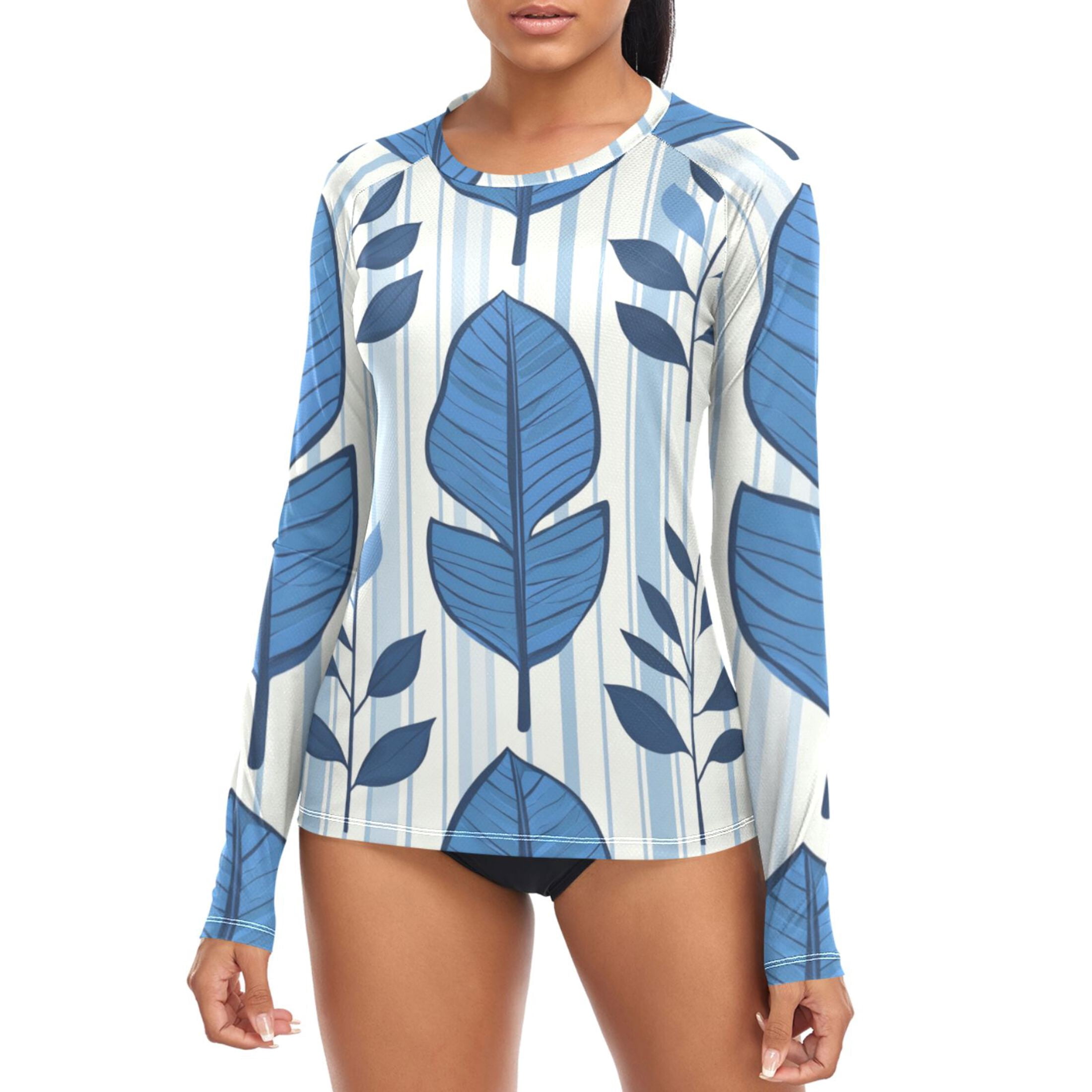 Blue Narrow Stripes Tropical Leaves Women's Rash Guard Shirts UPF 50 ...