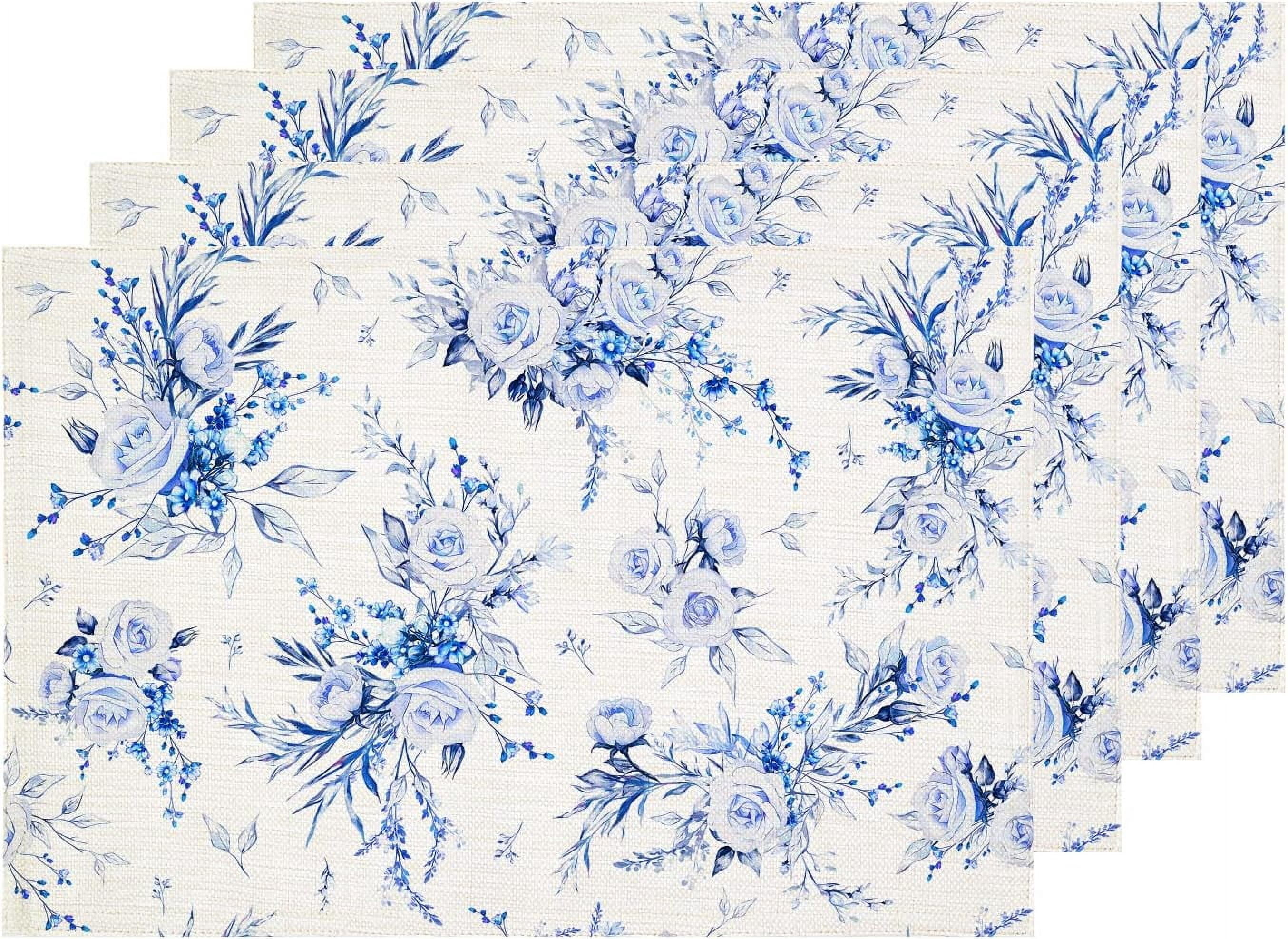 Blue Nature Rose Placemats, White Table Mat Linen Burlap Washable ...