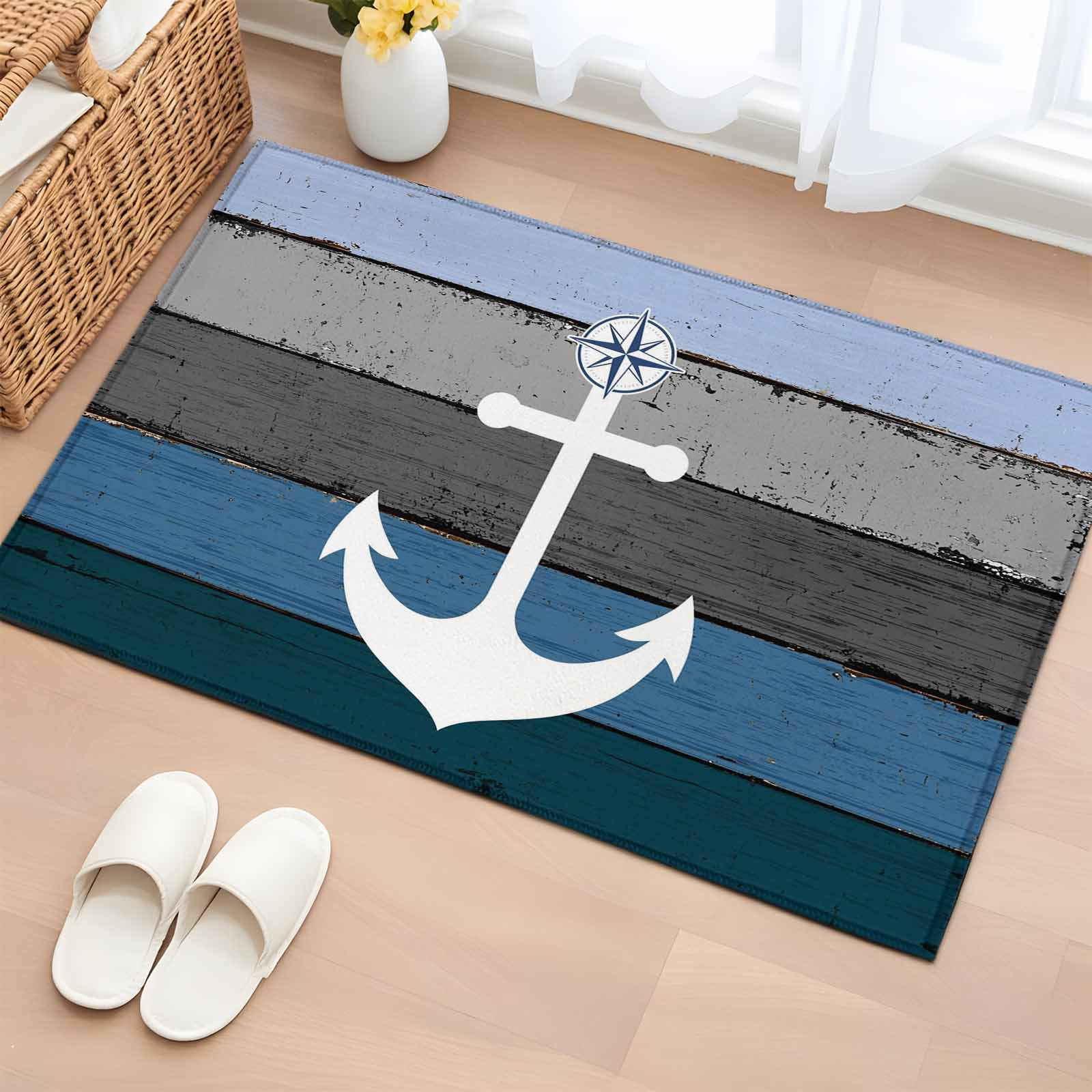 Blue Nautical Anchor Bathroom Rug Washable 2x3 Entryway Rug Non Slip ...