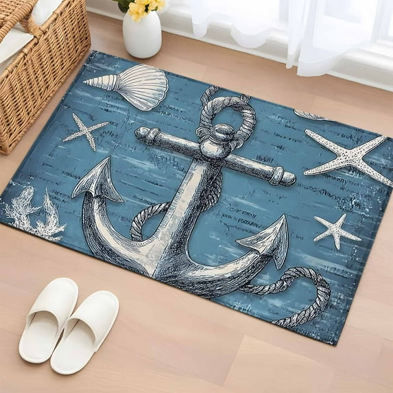 Blue Nautical Anchor Bathroom Rug Washable 2x3 Entryway Rug Non Slip ...