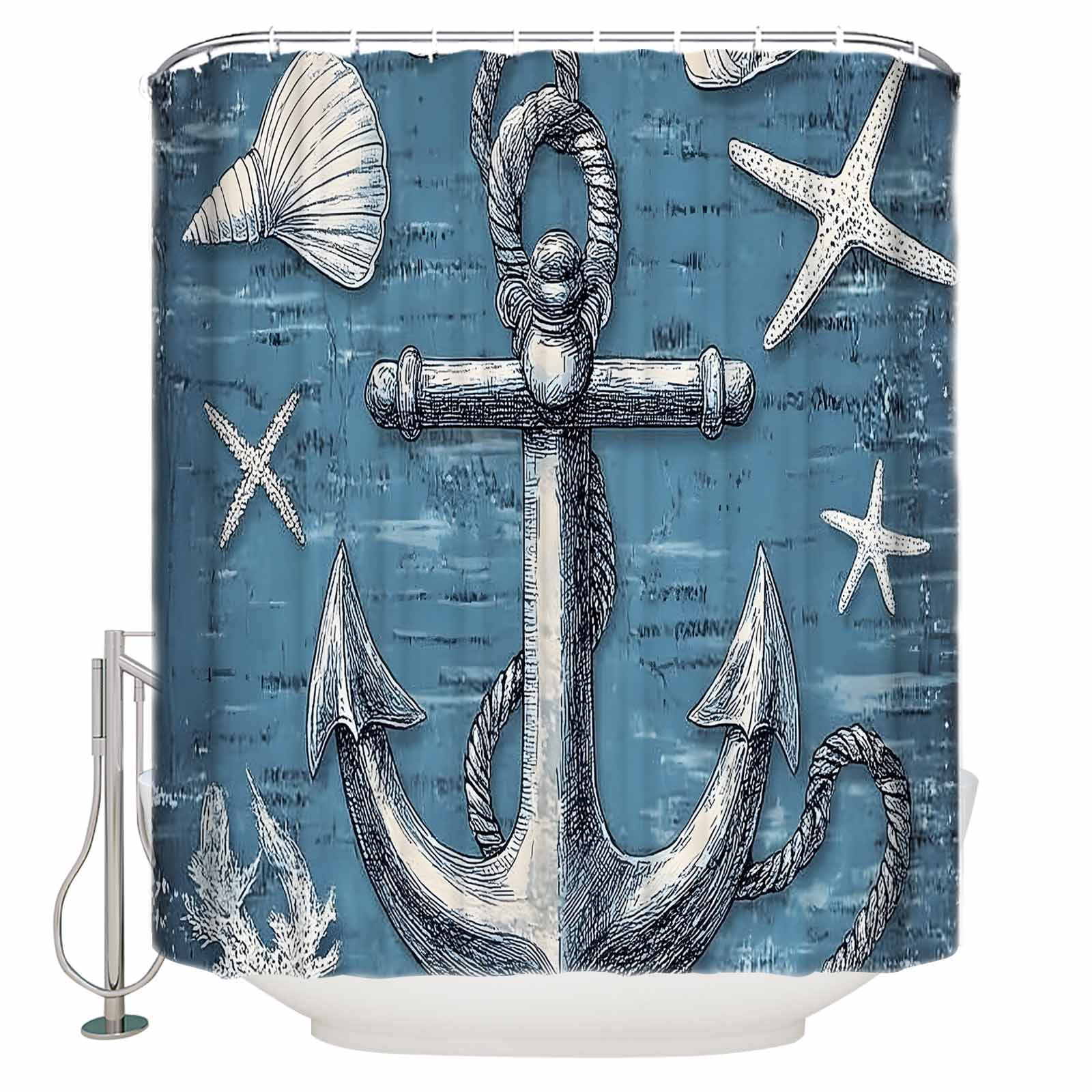 Blue Nautical Anchor Bathroom Shower Curtains with 12 Hooks Polyester ...