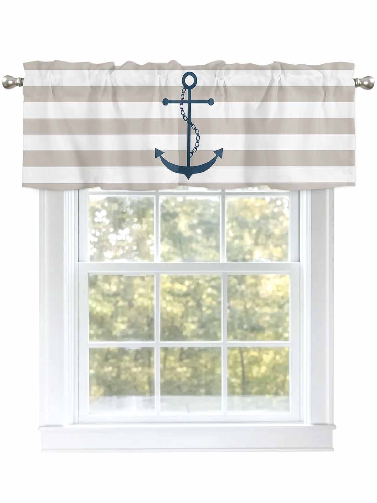 Blue Nautical Anchor Chain Valances for Windows, Rod Pocket Kitchen ...