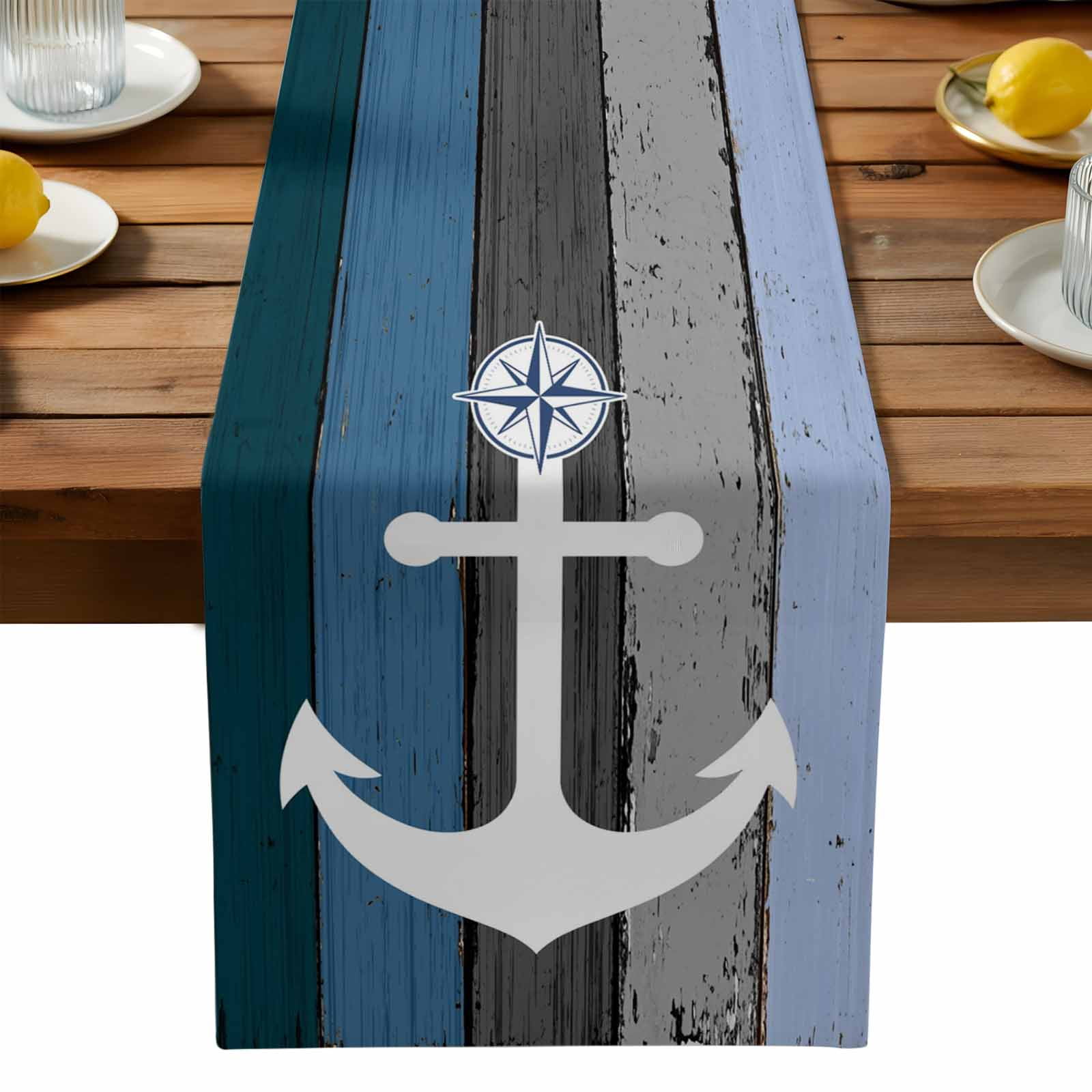 Blue Nautical Anchor Cotton Linen Table Runner for Dining Kitchen ...