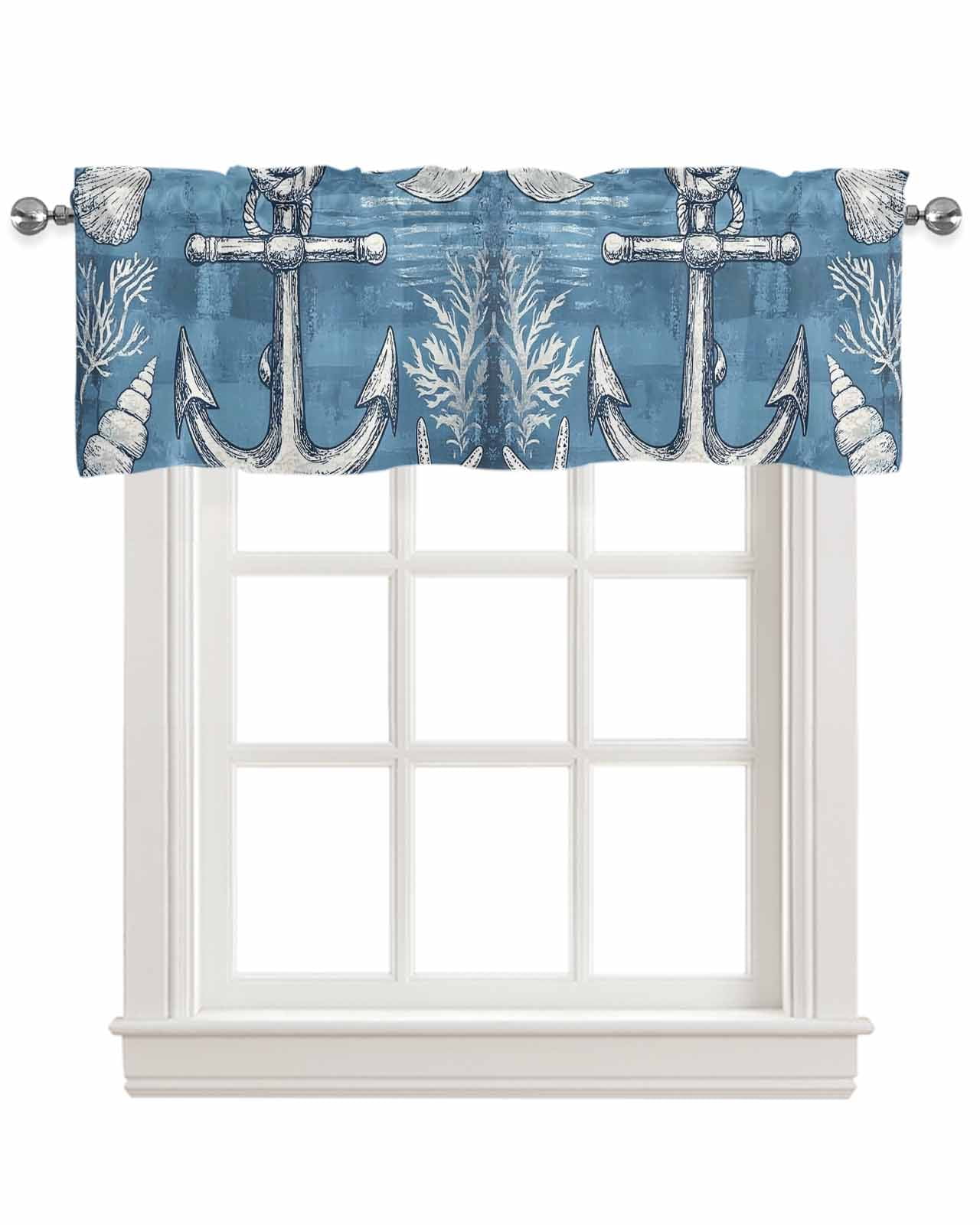 Blue Nautical Anchor Kitchen Valances for Windows Farmhouse Linen ...