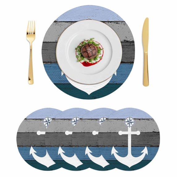 Blue Nautical Anchor Round Placemats Set of 4, Braided Polypropylene ...