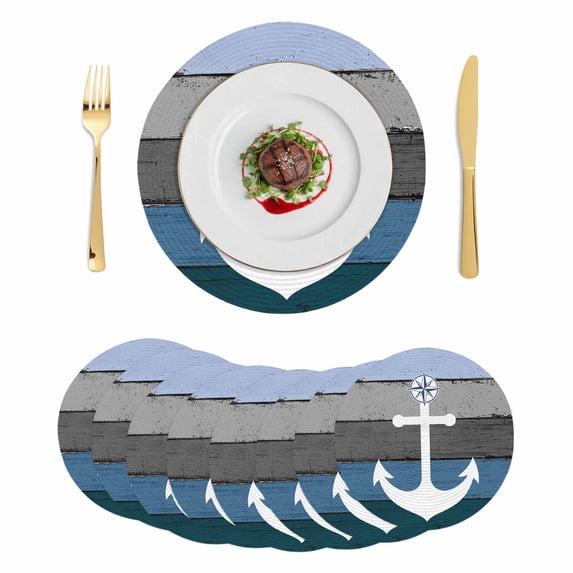 Blue Nautical Anchor Round Placemats Set of 8, Braided Polypropylene ...