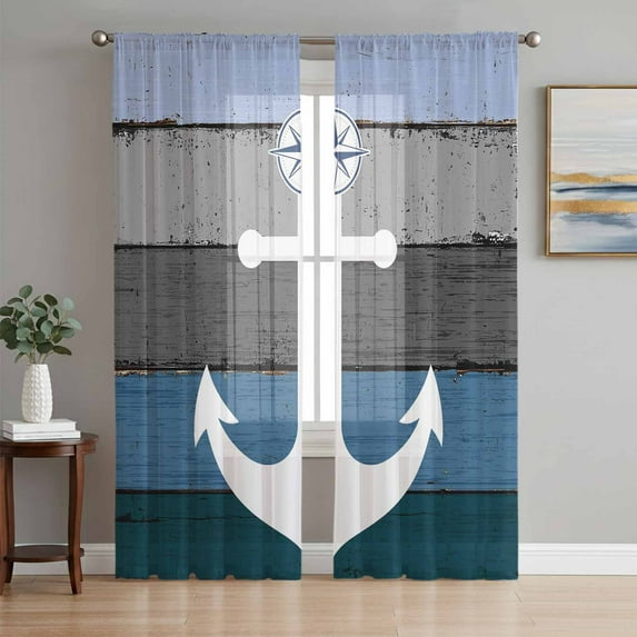 Blue Nautical Anchor Semi Sheer Curtains 72 Inch Length 2 Panels Set ...