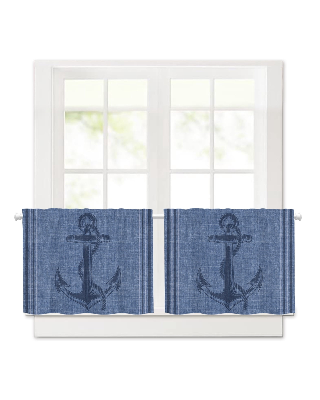 Blue Nautical Anchor Short Blackout Curtains 24 Inch Long,Coastal Theme ...