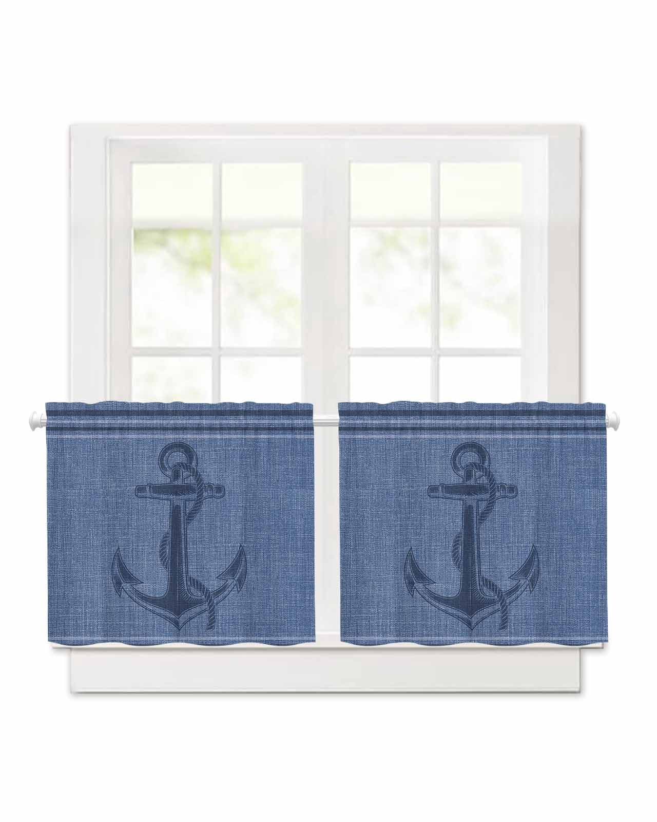 Blue Nautical Anchor Short Blackout Curtains 30 Inch Long,Coastal Theme ...