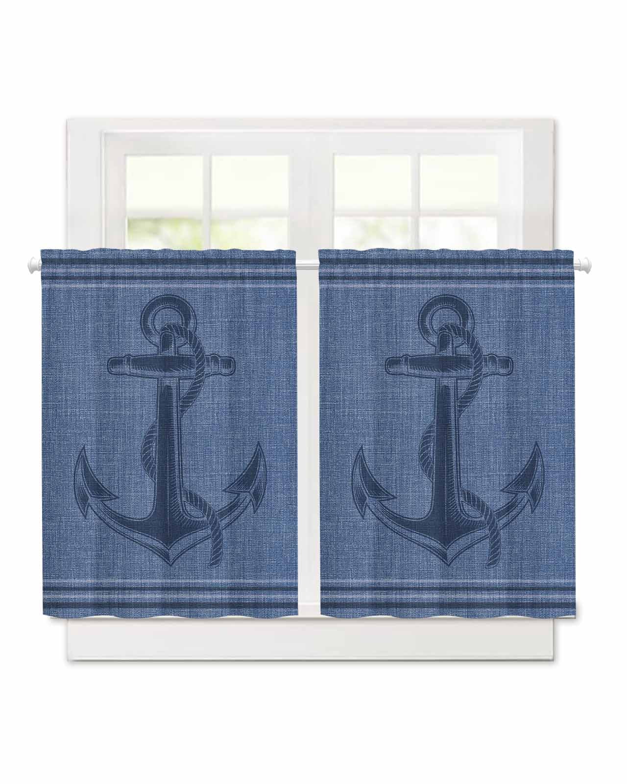 Blue Nautical Anchor Short Blackout Curtains 45 Inch Long,Coastal Theme ...