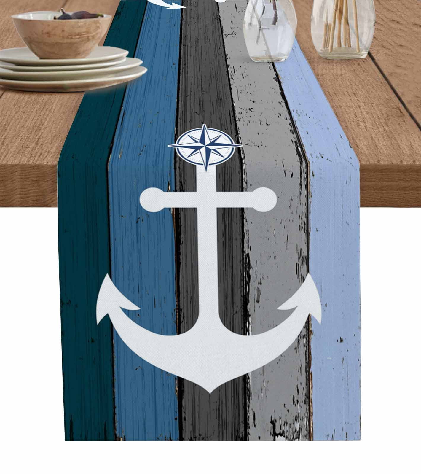 Blue Nautical Anchor Short Table Runners 36 Inches, Cotton Linen Fabric ...
