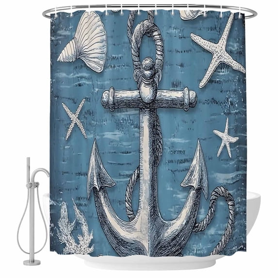 Blue Nautical Anchor Shower Curtain - Water Repellent Fabric Shower ...