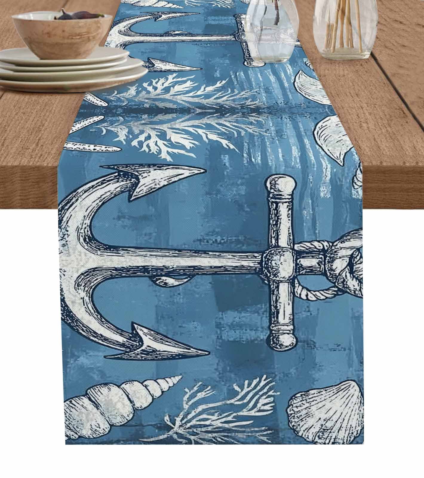 Blue Nautical Anchor Table Runner 60 Inches, Summer Coastal Ocean Coral ...