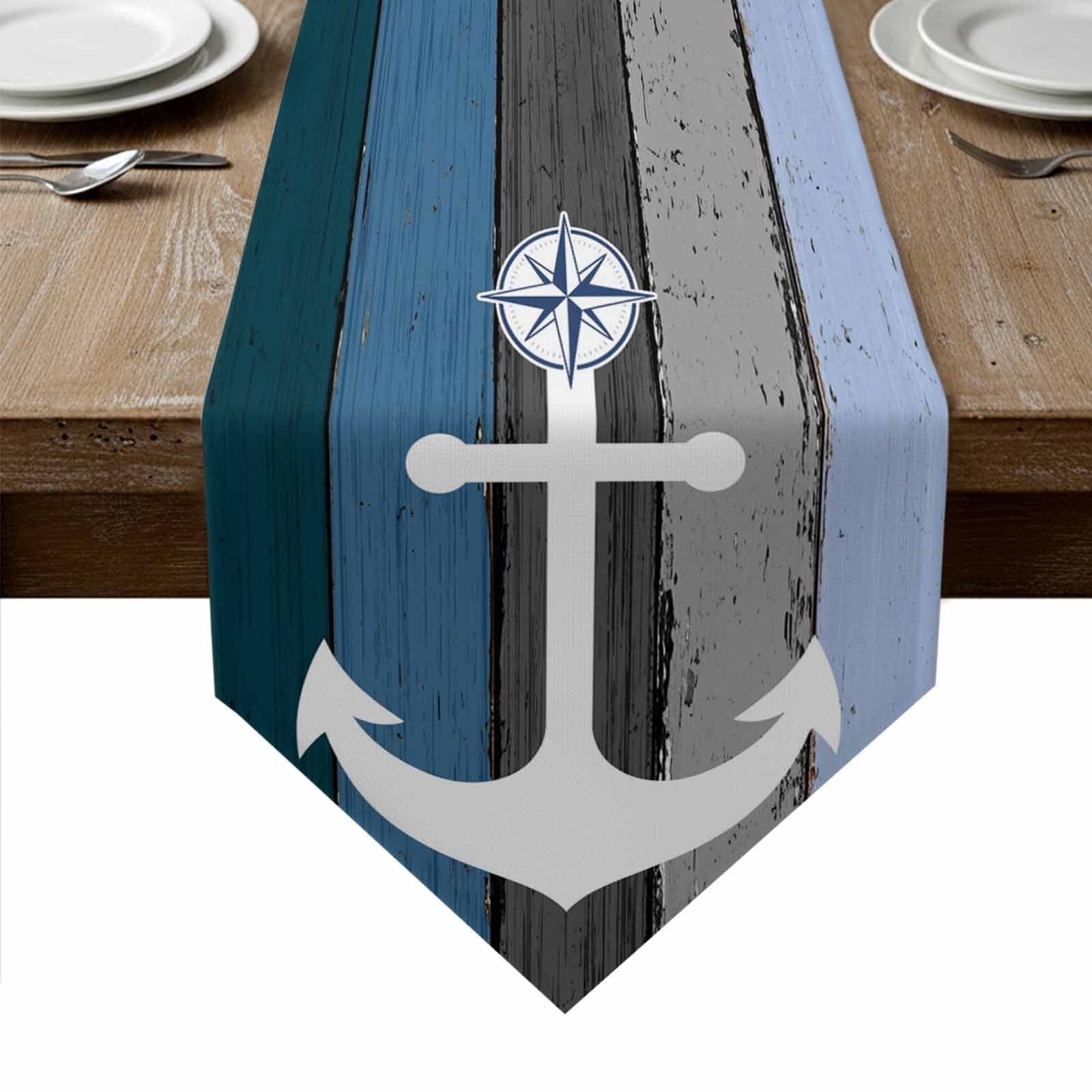 Blue Nautical Anchor Table Runner Linen Burlap Table Runner 70 Inches ...