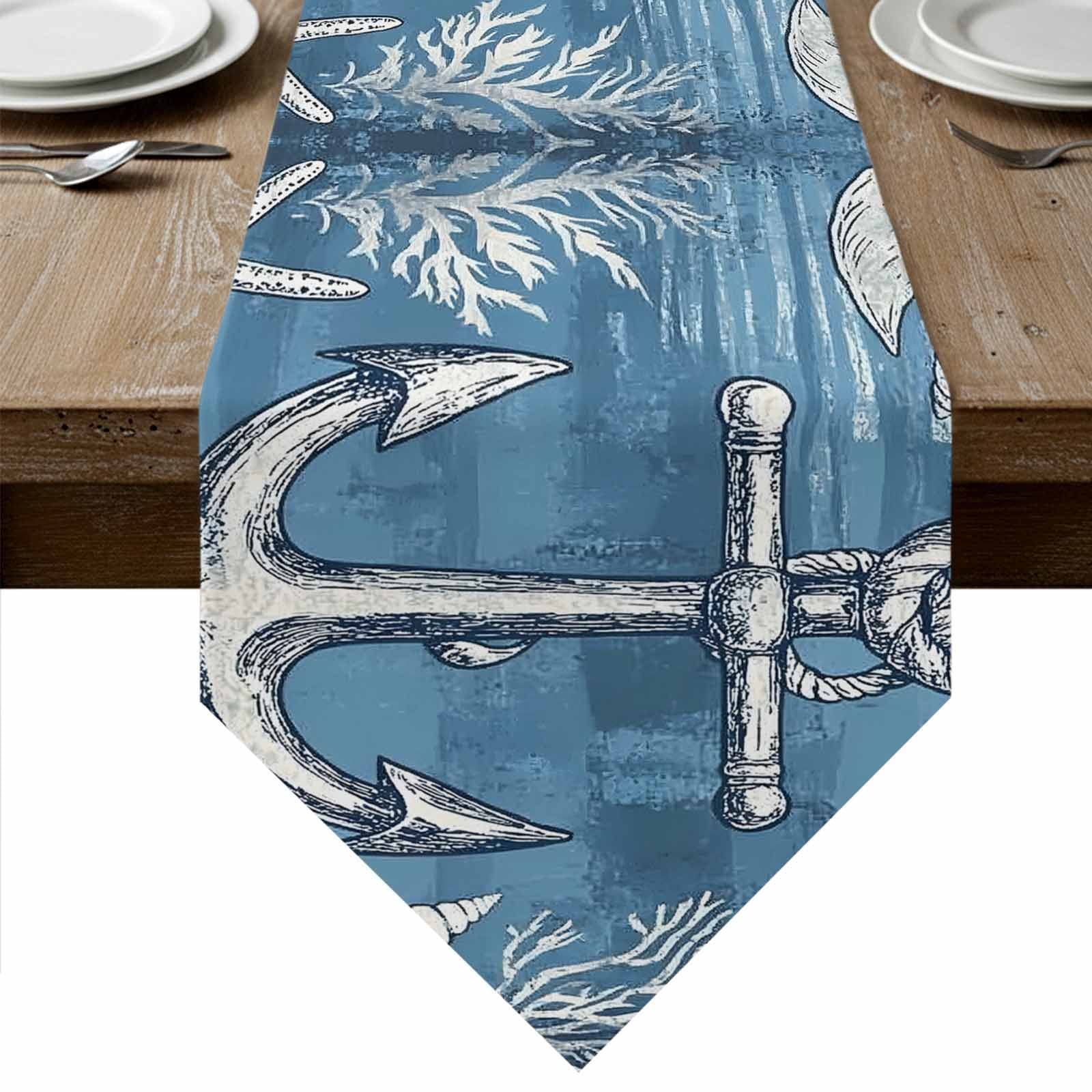 Blue Nautical Anchor Table Runner Linen Burlap Table Runner 90 Inches ...