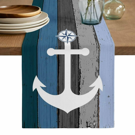 Blue Nautical Anchor Table Runner, Rustic Distressed Wood Grain ...