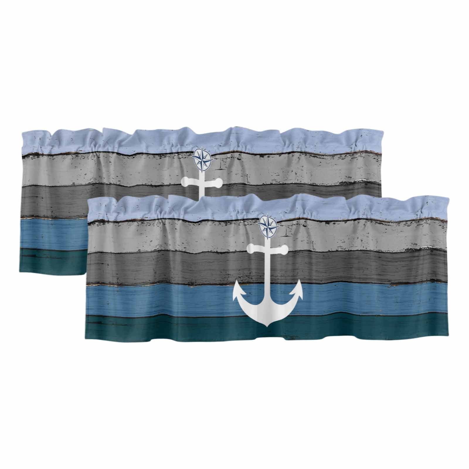 Blue Nautical Anchor Valances for Windows, Rustic Distressed Wood Grain ...