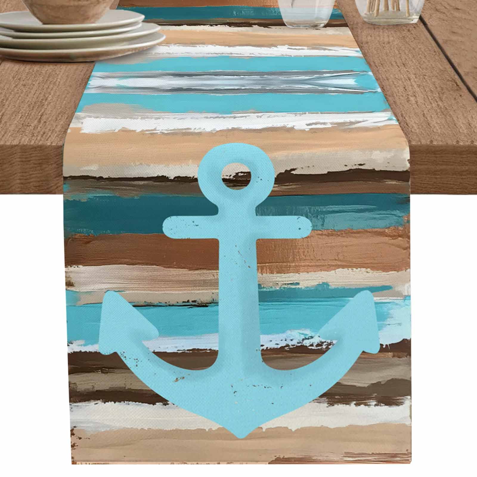 Blue Nautical Anchor on Vintage Table Runner-70 Inch Long Green Brown ...