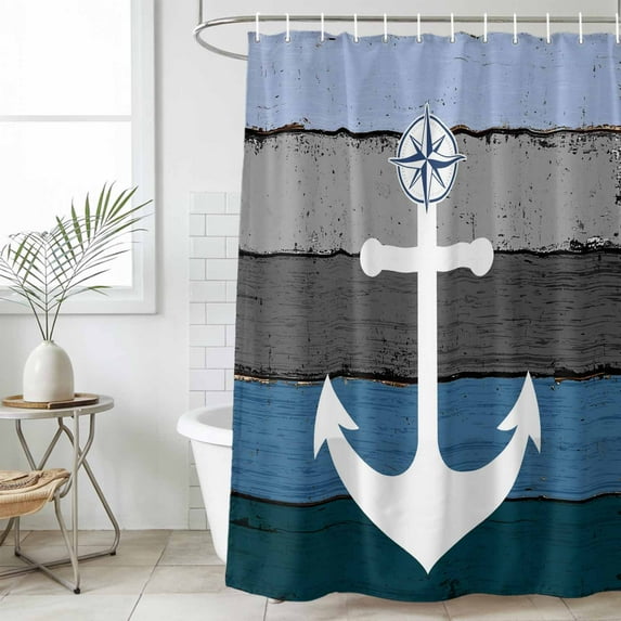 Blue Nautical Anchor Waterproof Fabric Shower Curtain,Rustic Distressed ...
