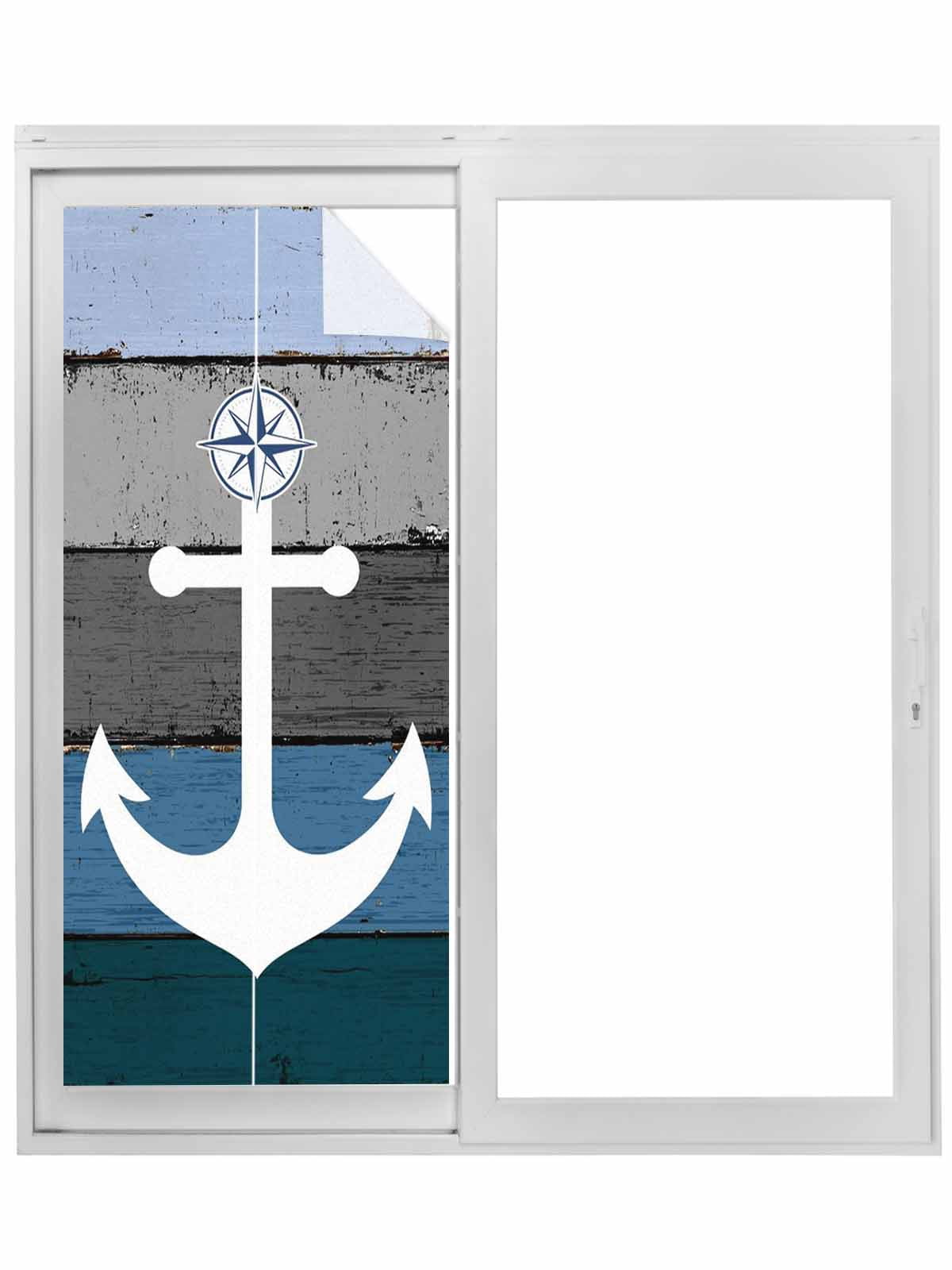 Blue Nautical Anchor Window Privacy Film, Rustic Distressed Wood Grain ...