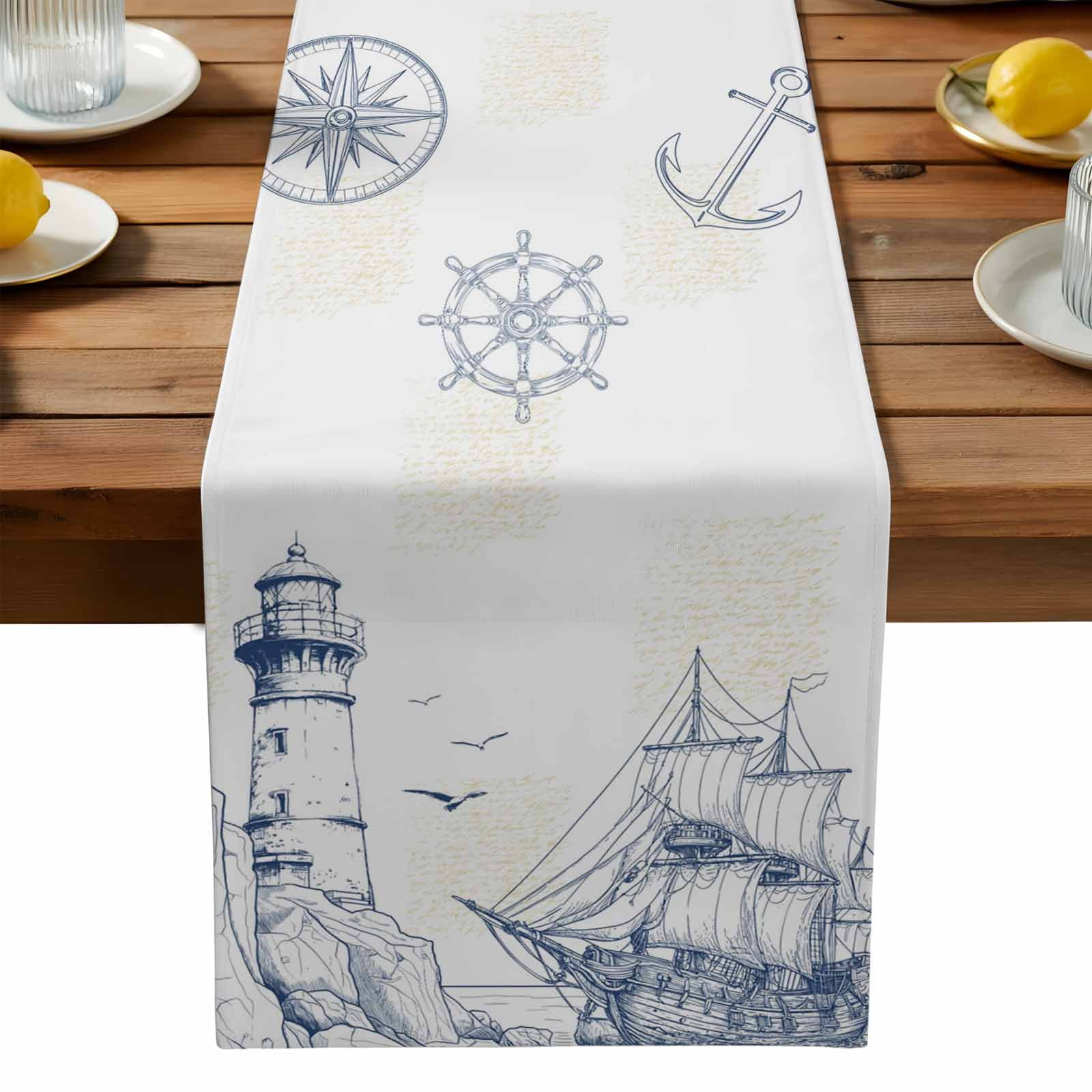 Blue Nautical Boat Table Runner, Classic Ocean Lighthouse Cotton Linen ...