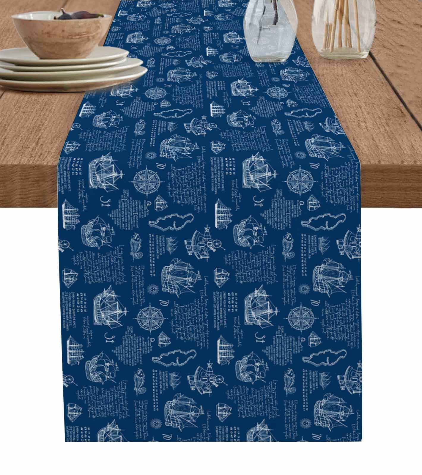 Blue Nautical Burlap-Cotton Table Runner 72 Inches Long,Coastal Ocean ...