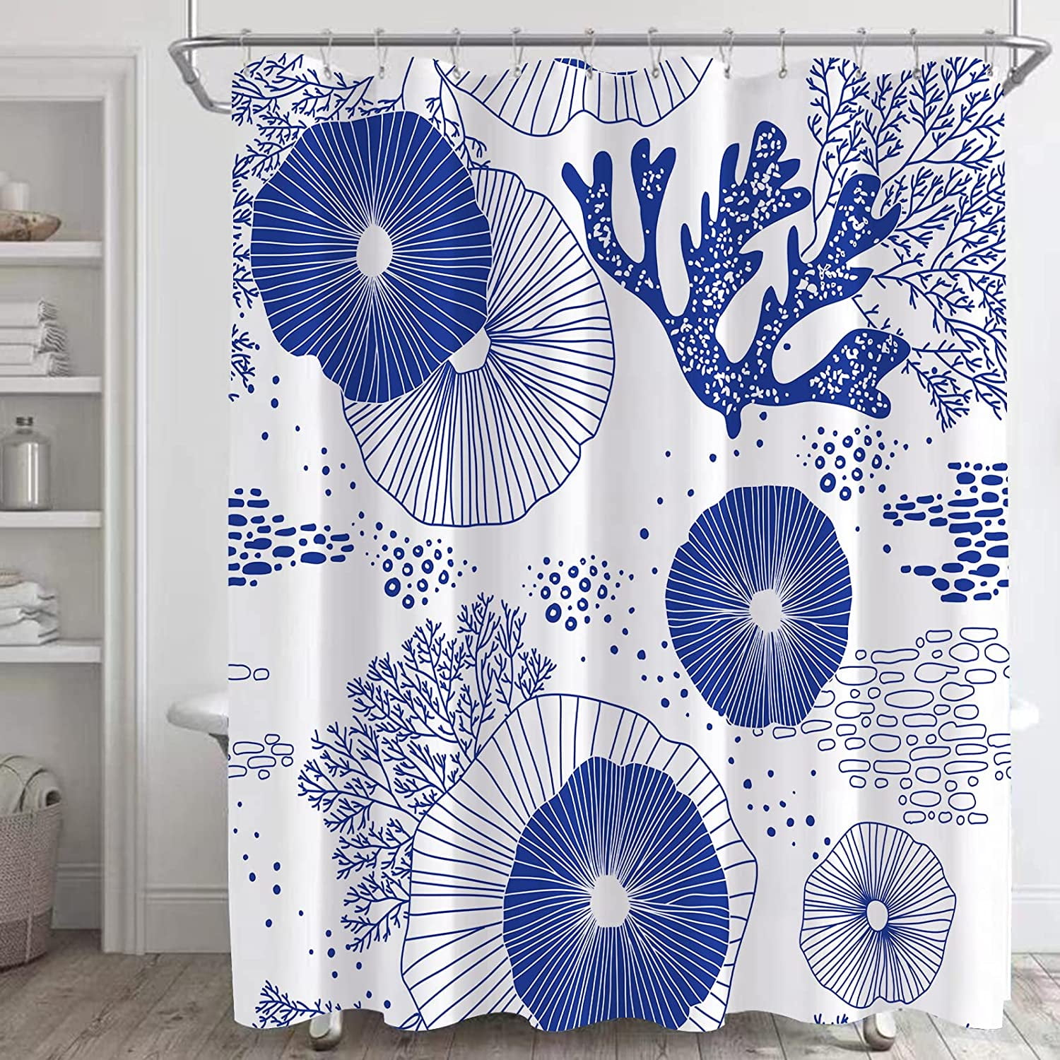 Blue Nautical Coastal Shower Curtain Sets,Starfish Seashell Coral Beach ...