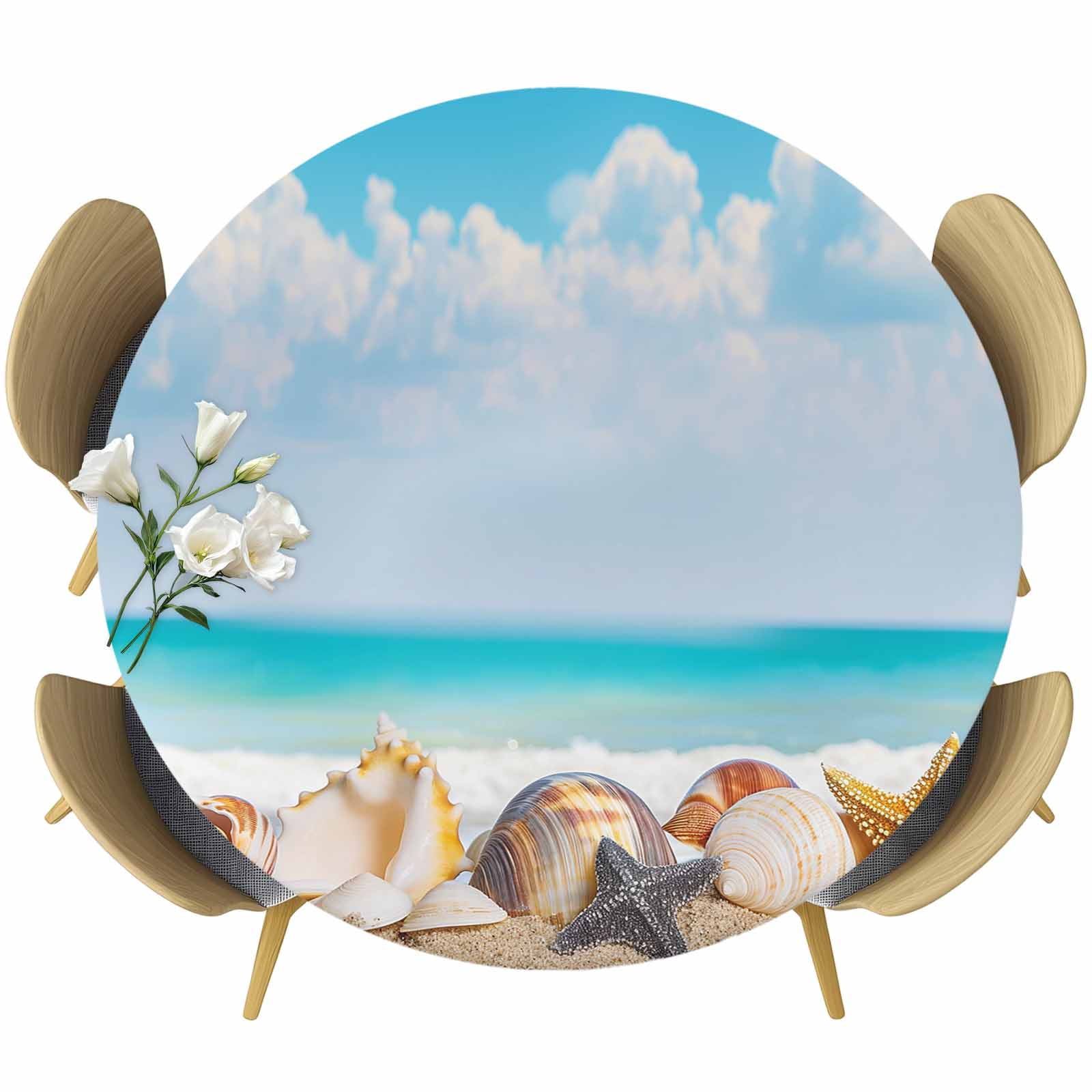 Blue Nautical Coastal Table Cloth, Round Fitted Tablecloths with ...
