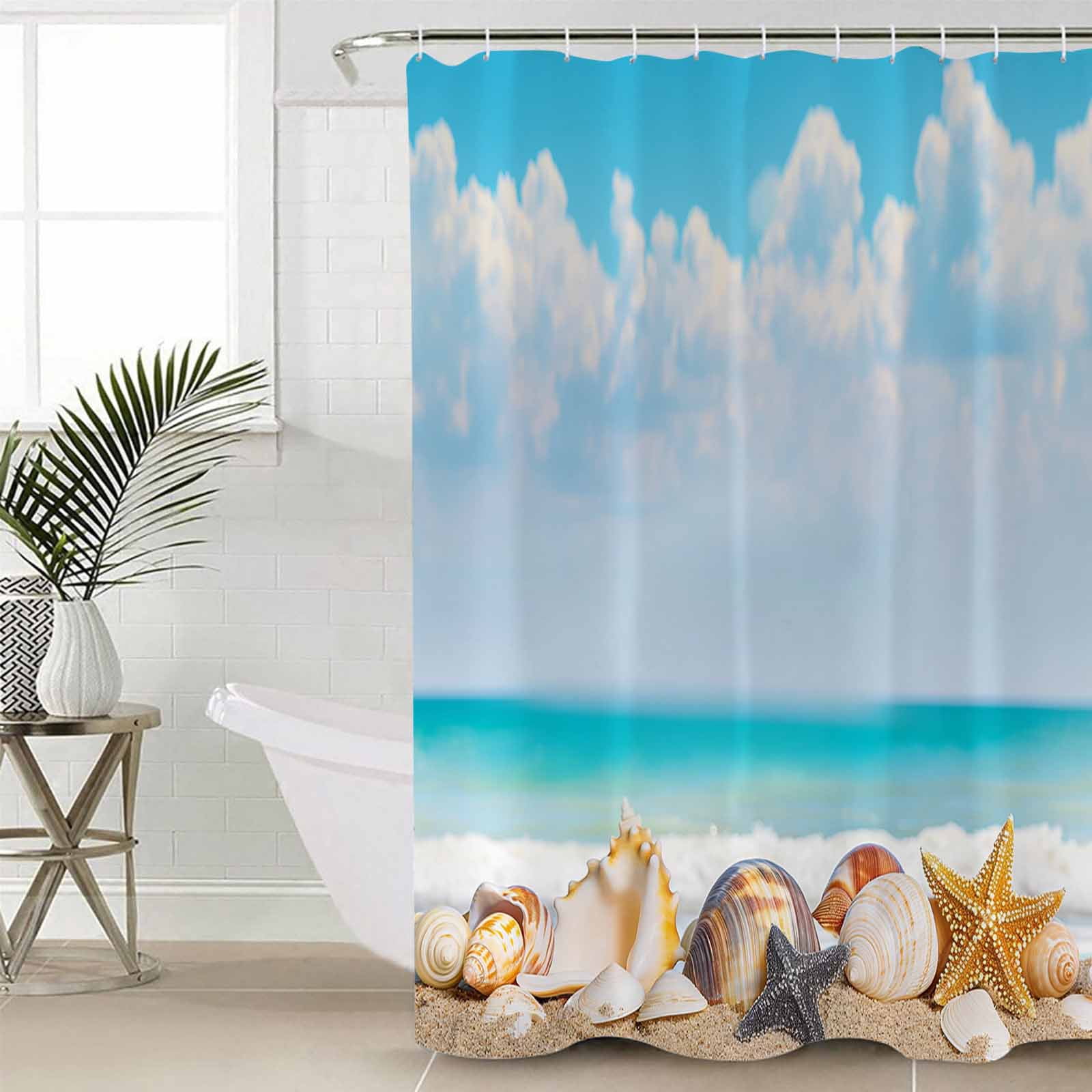Blue Nautical Coastal Waterproof Fabric Shower Curtain, Summer Beach ...