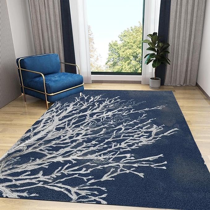 Blue Nautical Coral Reef Area Rug, Beach Sea Life Theme Indoor Non-Slip ...