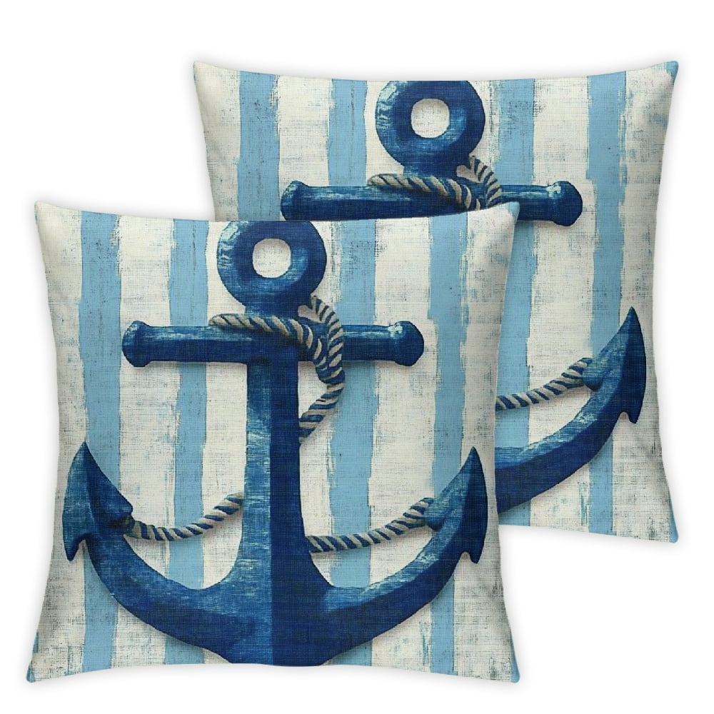 Blue Nautical Decorative Throw Pillow Covers, Beach Coastal Anchor Helm ...