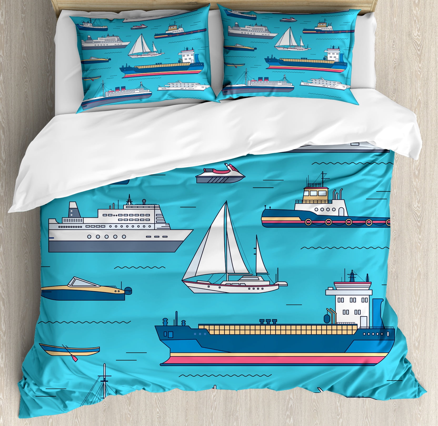 Blue Nautical Duvet Cover Set Digitally Generated Layout Of Ships Yachts Steamship Ferry