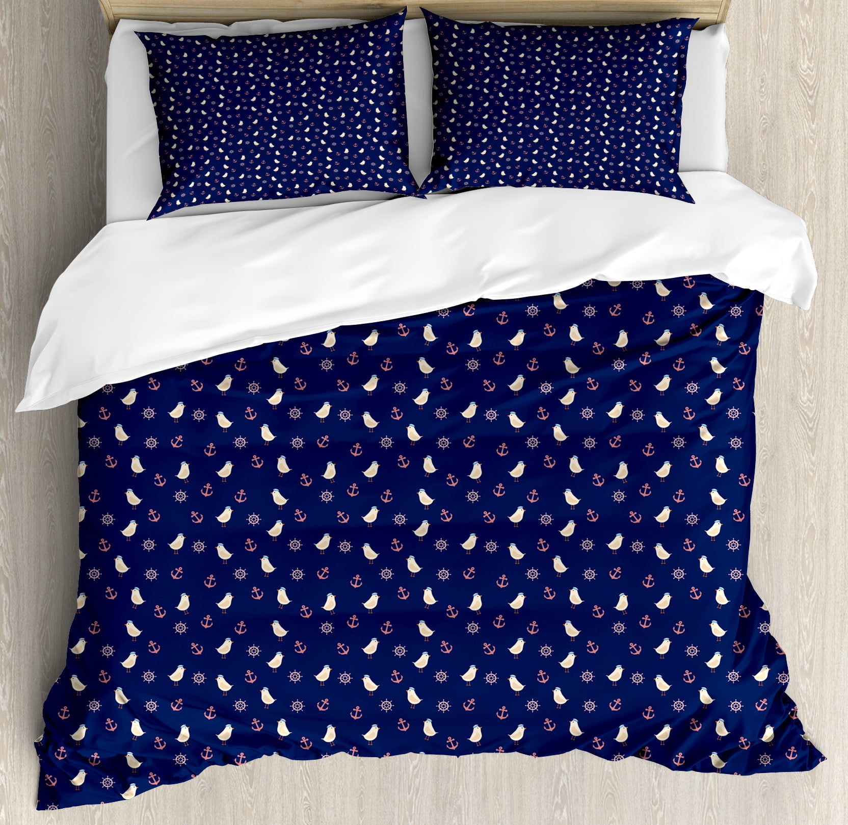 Blue Nautical Duvet Cover Set, Ocean Elements Birds in Marine Hats ...