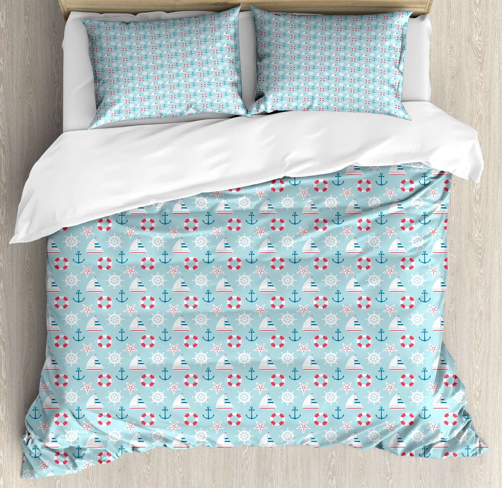 Blue Nautical Duvet Cover Set, Print of Marine Elements Anchor Sailing ...