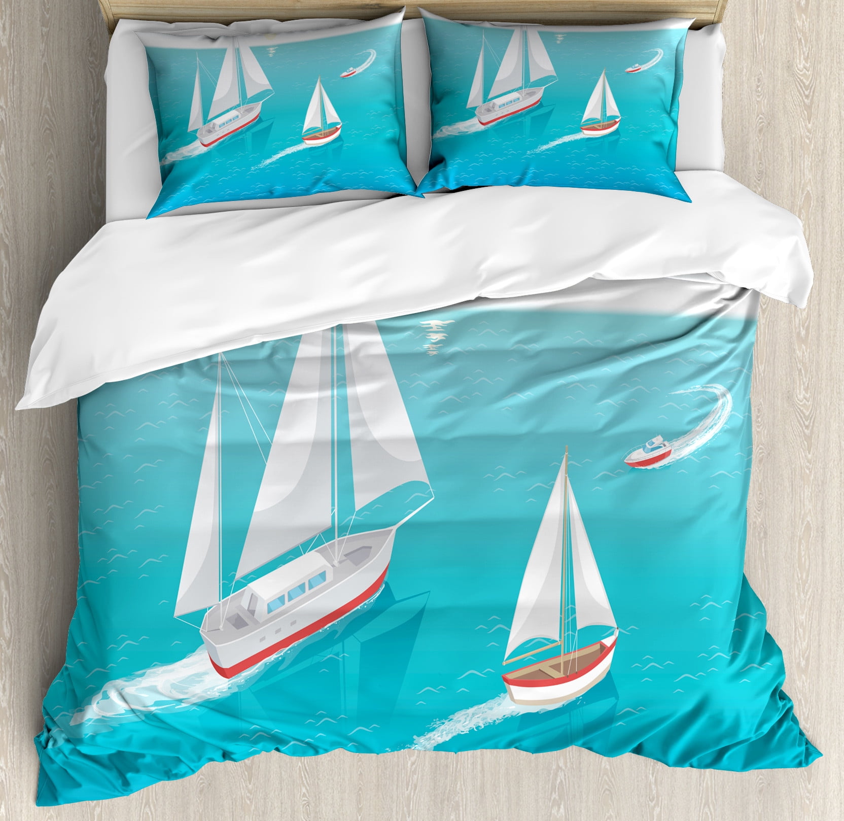 Blue Nautical Duvet Cover Set, Top View of Sailing Boats with the Sun ...