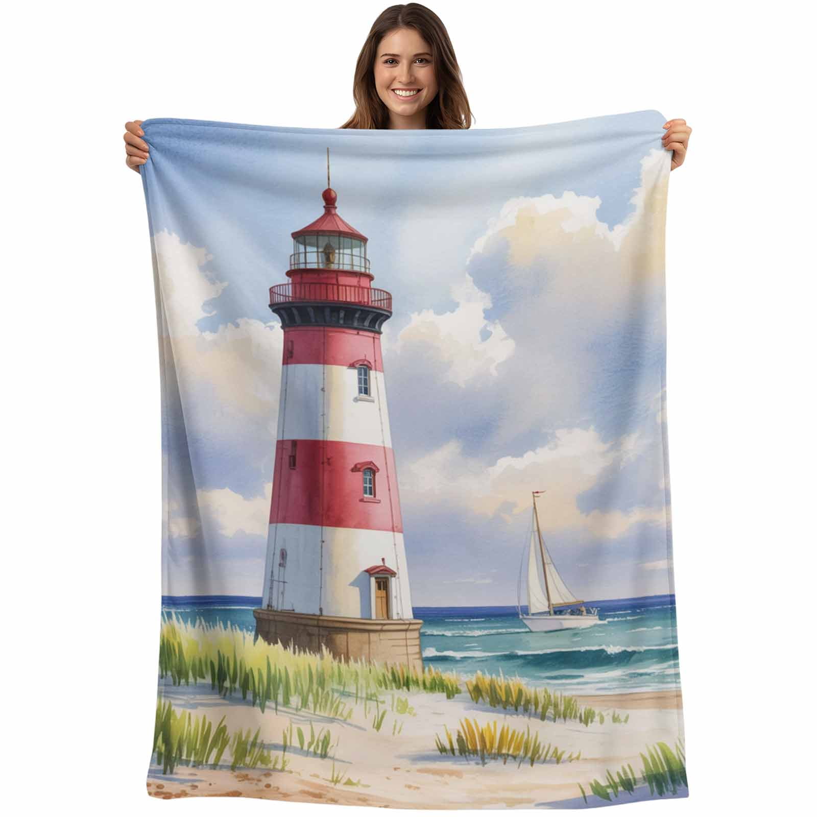Blue Nautical Ocean Throw Blankets, Abstract Lighthouse Beach Boat Soft ...