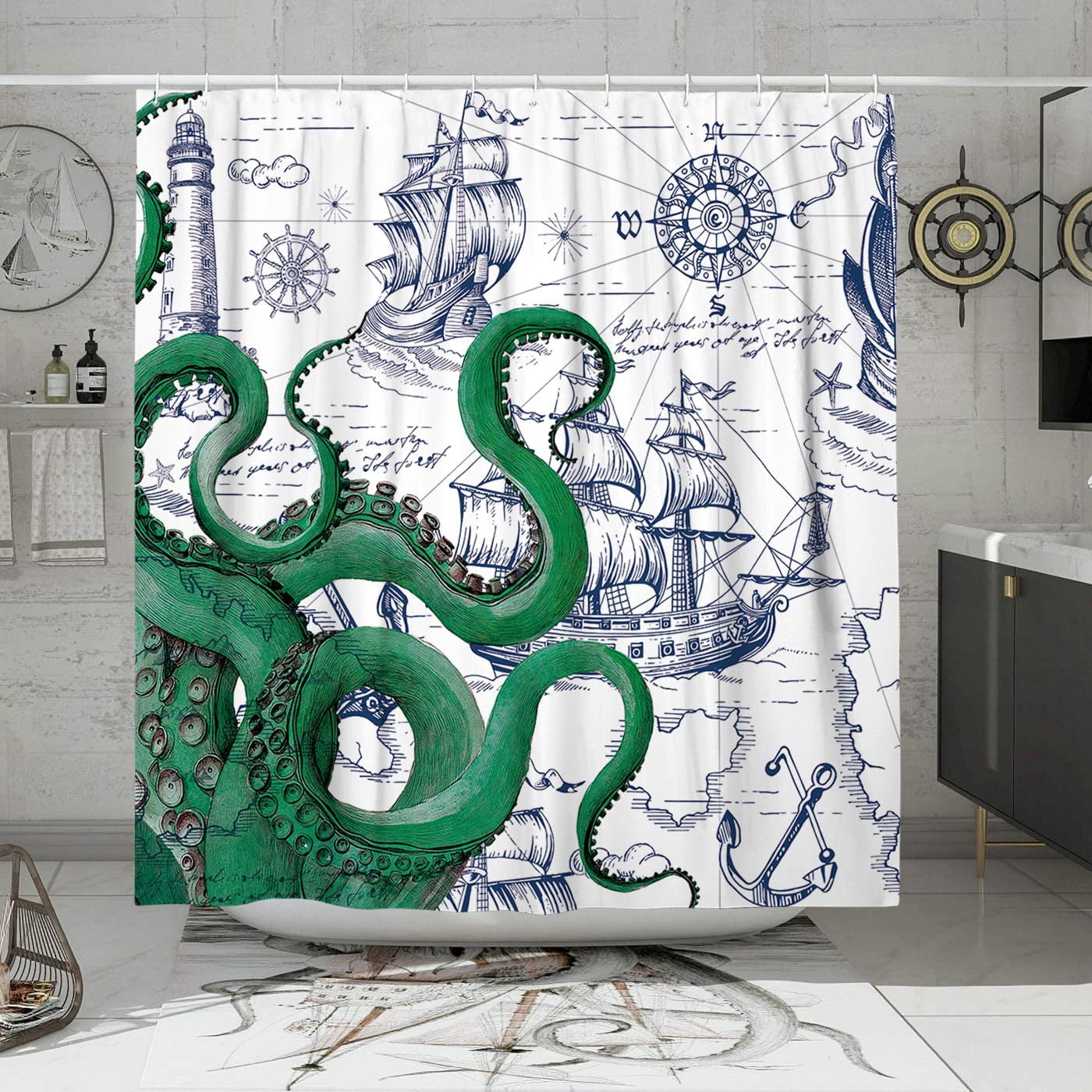 Blue Nautical Octopus Shower Curtain Set Funny Ocean Kraken Shower ...