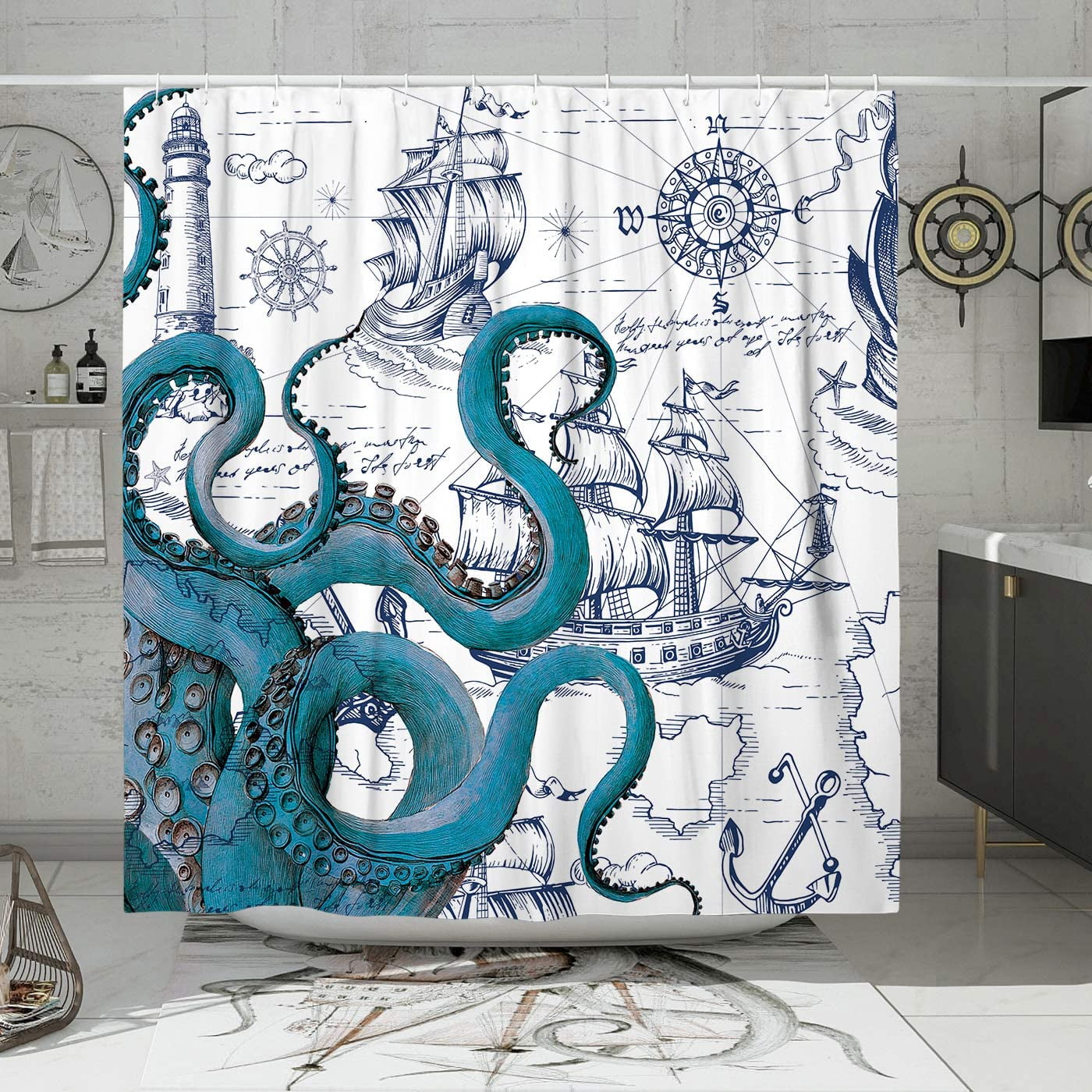 Blue Nautical Octopus Shower Curtains for Bathroom Cool Ocean Kraken ...