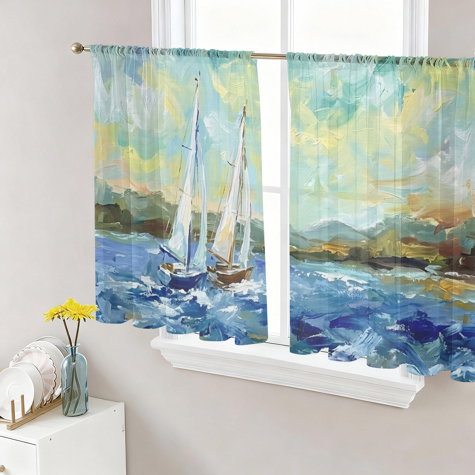 Blue Nautical Sheer Curtains for Living Room Bedroom Modern Oil ...