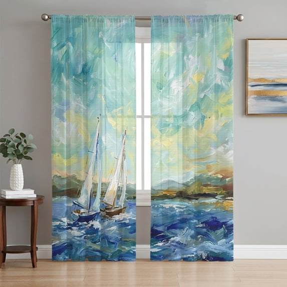 Blue Nautical Sheer Curtains for Living Room Bedroom Modern Oil ...