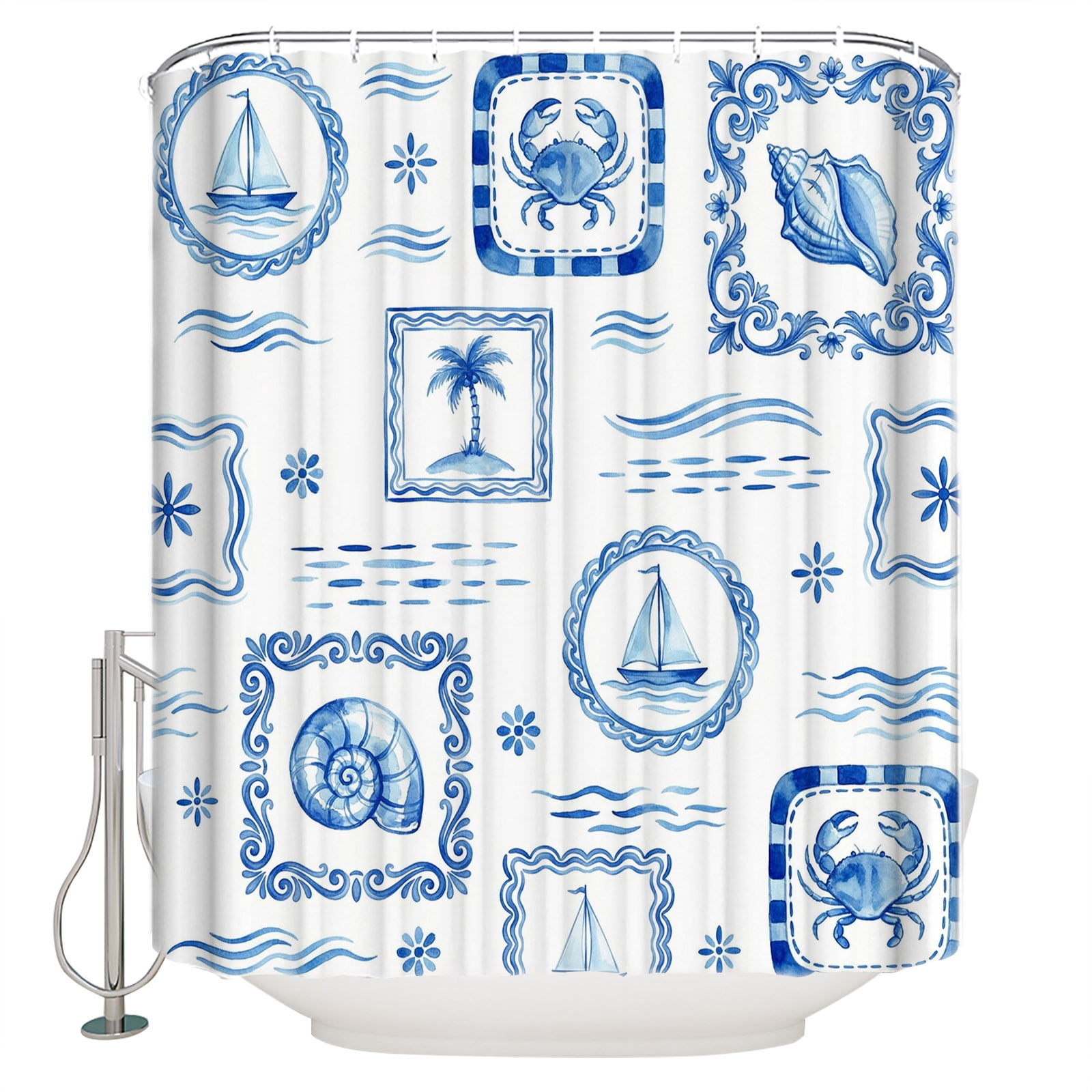 Blue Nautical Ship Bathroom Shower Curtains with 12 Hooks Waterproof ...